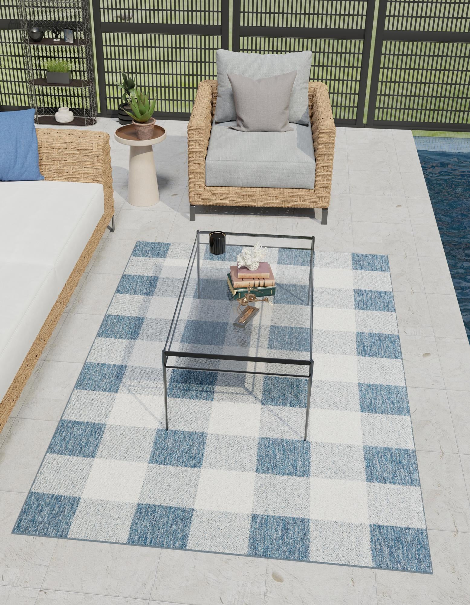Blue 5' x 7' Checkered Indoor / Outdoor Rug | Rugs.com