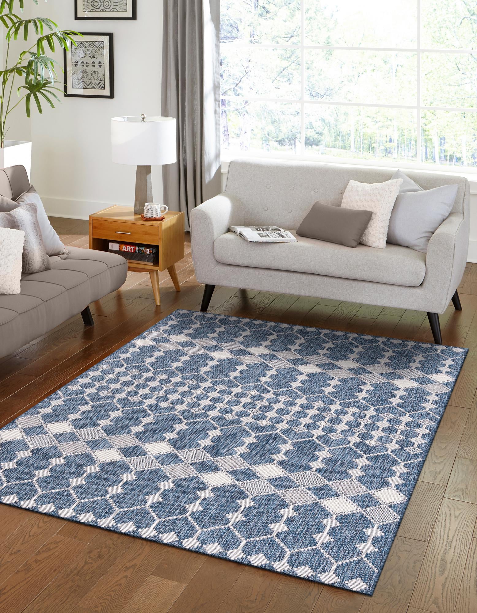 Blue 5' 3 x 7' 10 Lattice Indoor / Outdoor Rug | Rugs.com