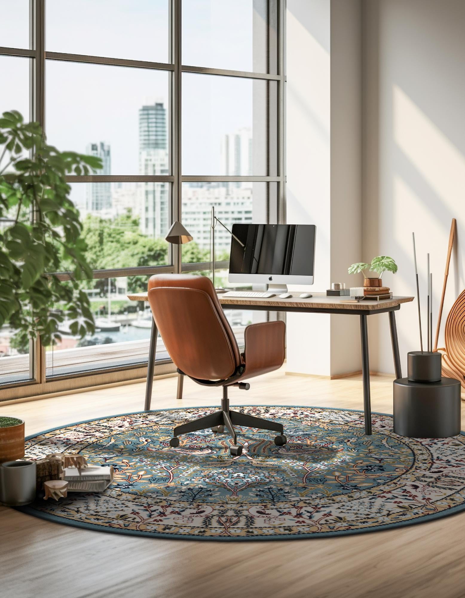 Blue 7' x 7' Nain Design Round Rug | Rugs.com