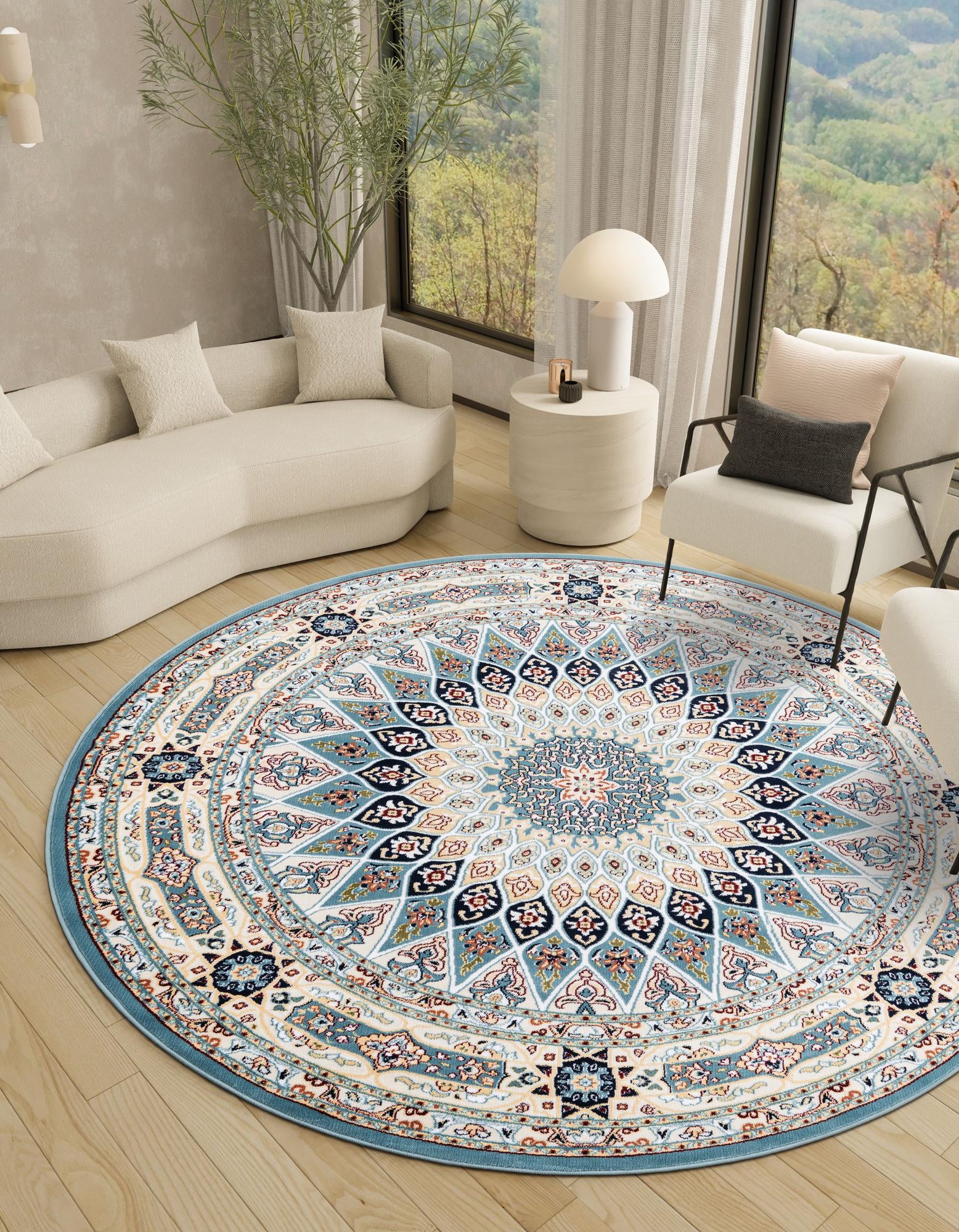 Blue 7' 10 x 7' 10 Nain Design Round Rug | Rugs.com