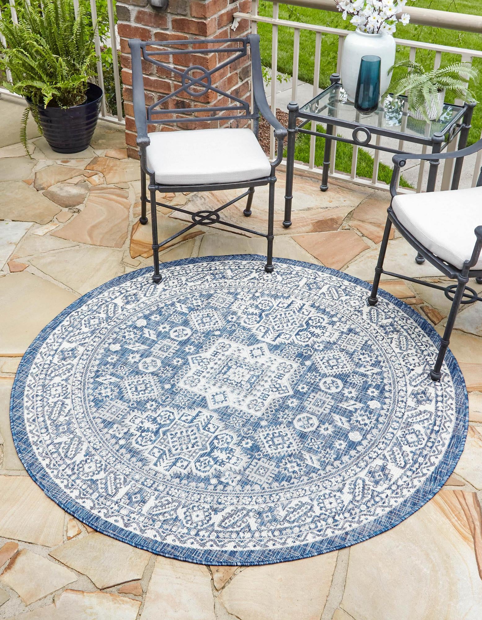 Blue 10' x 10' Aztec Outdoor Round Rug | Rugs.com
