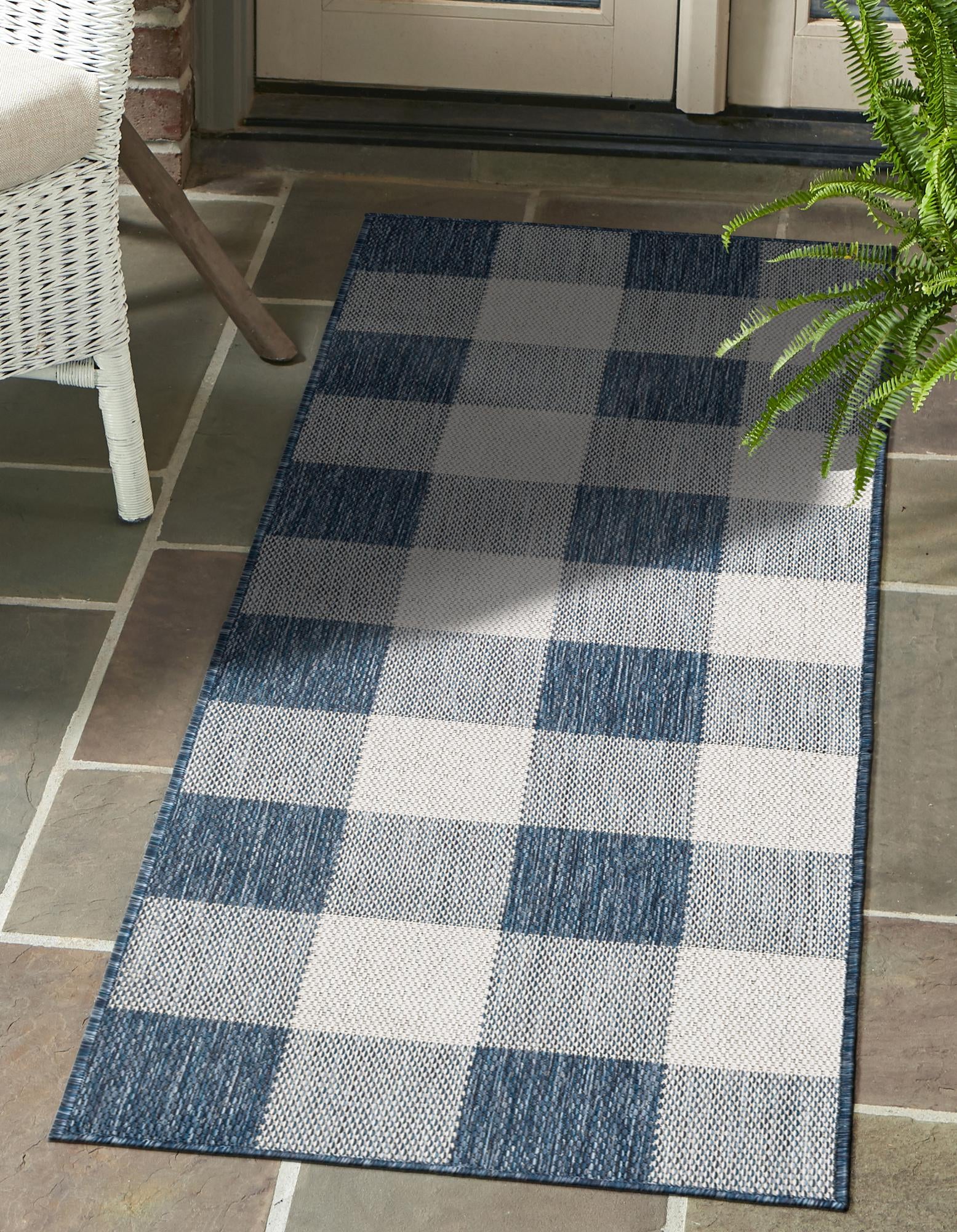 Blue 2' x 8' Checkered Indoor / Outdoor Runner Rug | Rugs.com