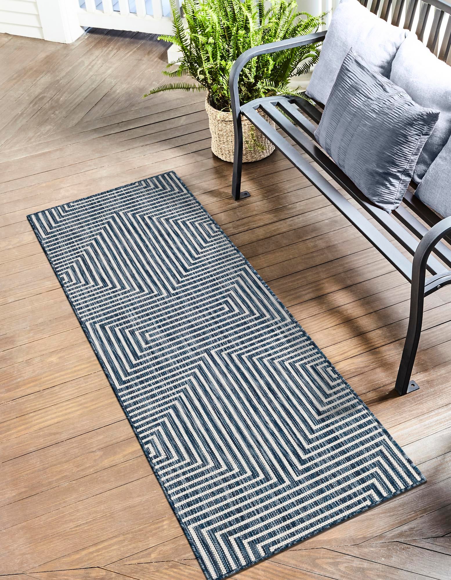Blue 2' 7 x 12' Modern Indoor / Outdoor Runner Rug | Rugs.com