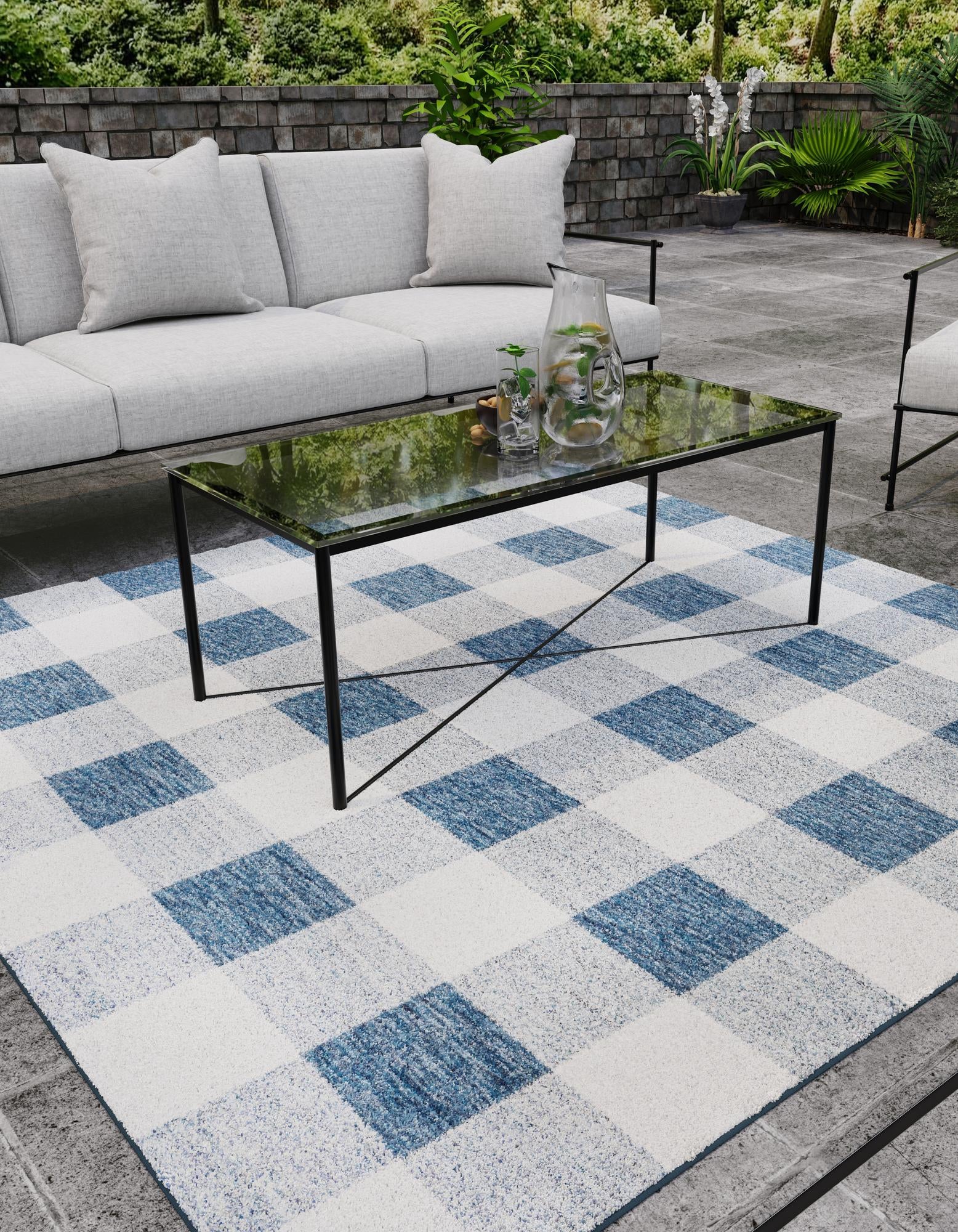 Blue 7' 10 x 7' 10 Checkered Indoor / Outdoor Square Rug | Rugs.com