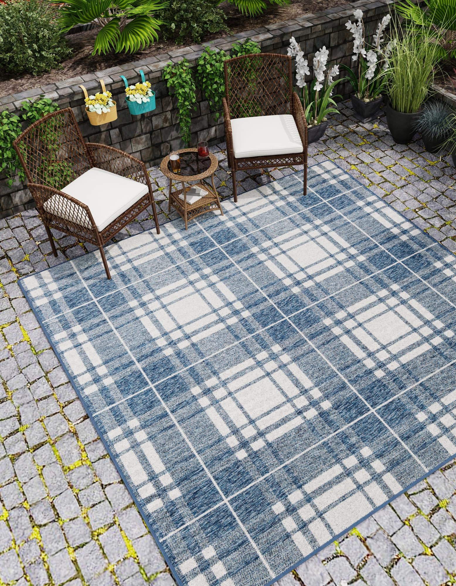 Blue 10' x 10' Checkered Indoor / Outdoor Square Rug | Rugs.com