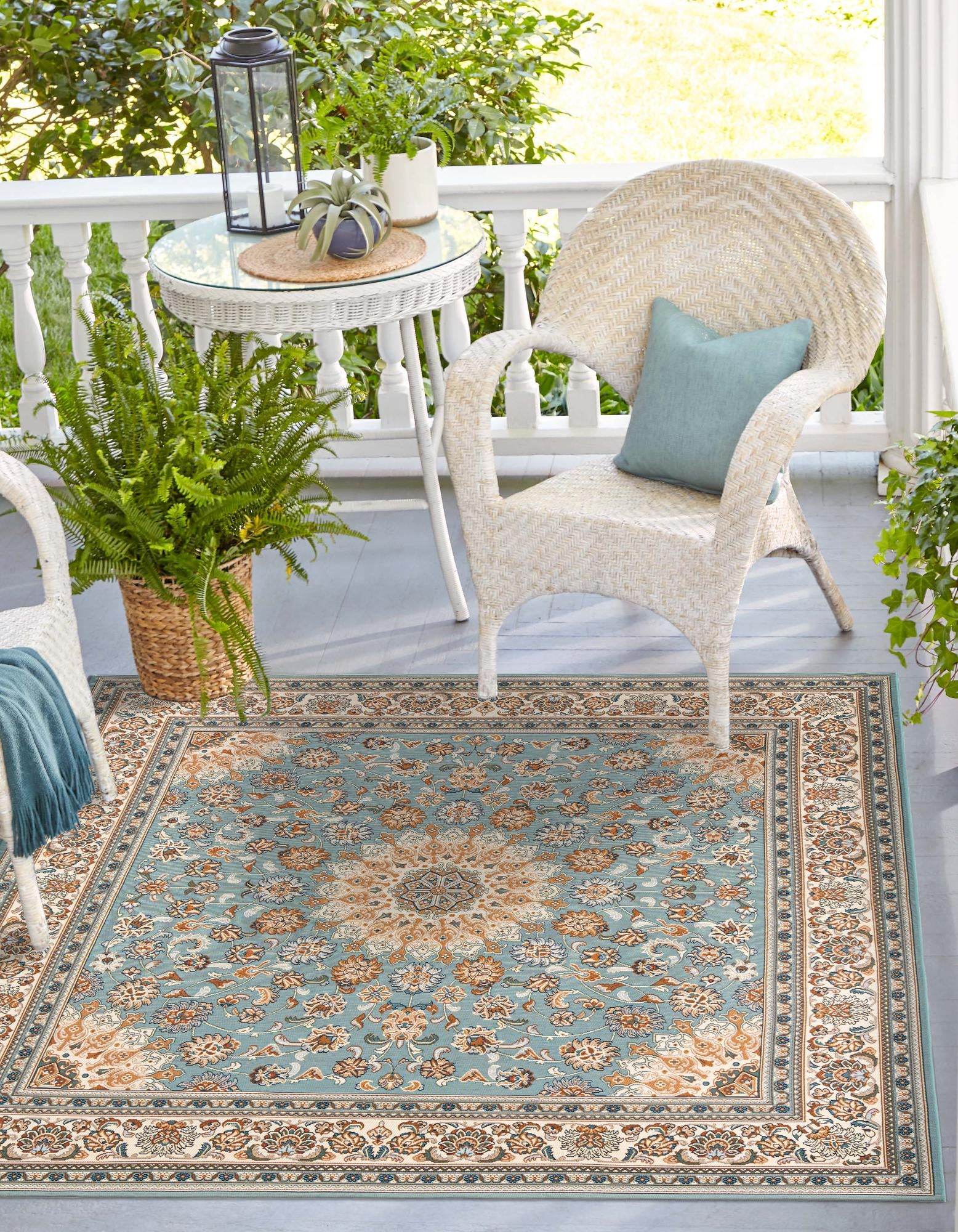 Blue 10' x 10' Traditional Indoor / Outdoor Square Rug | Rugs.com