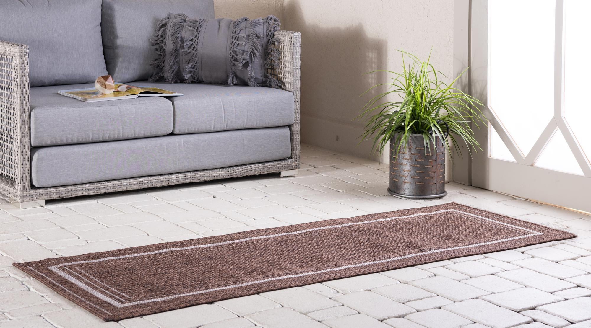 Brown 2' x 8' Border Indoor / Outdoor Runner Rug | Rugs.com