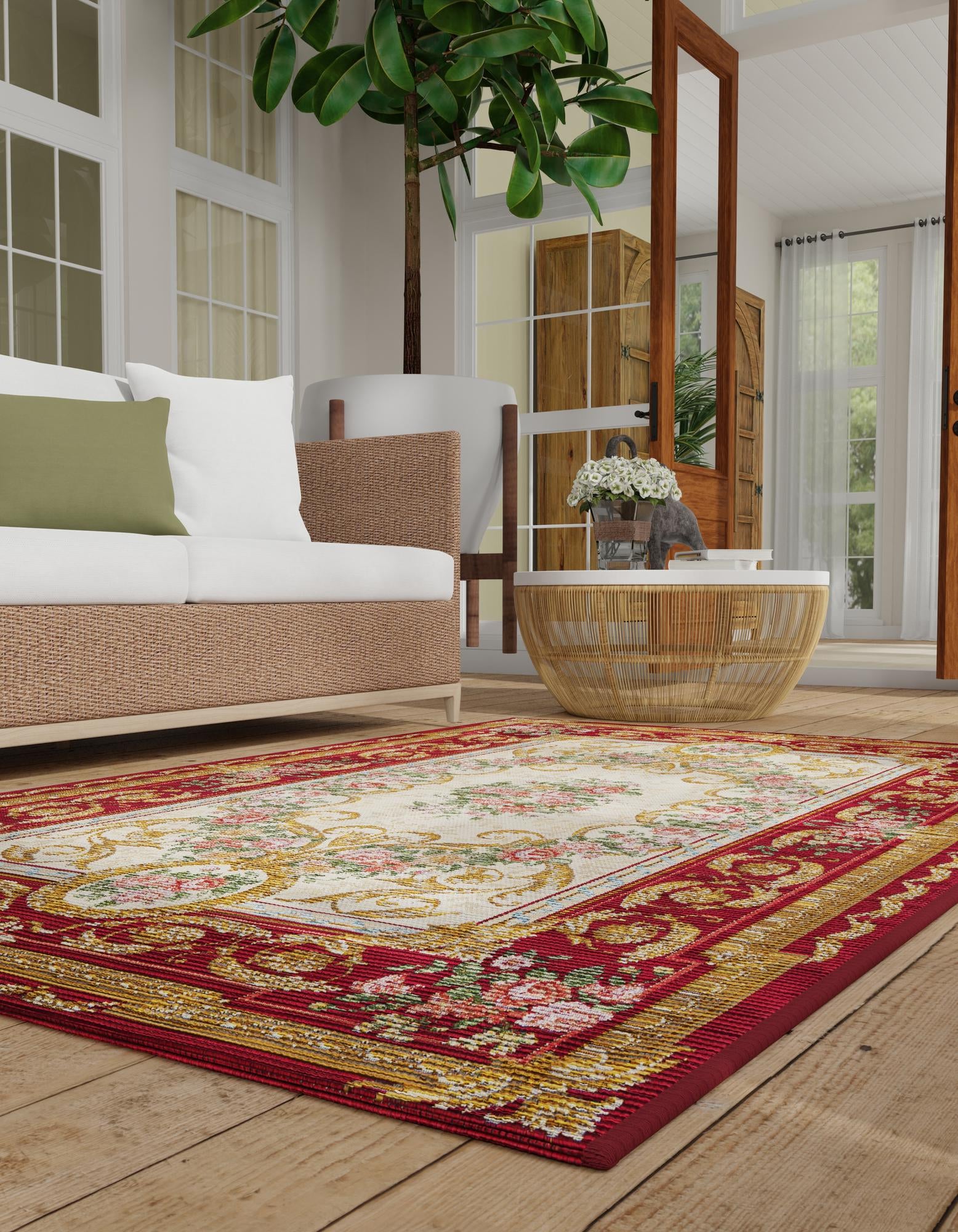 Burgundy Red and Ivory 5' x 7' Traditional Indoor / Outdoor Rug | Rugs.com