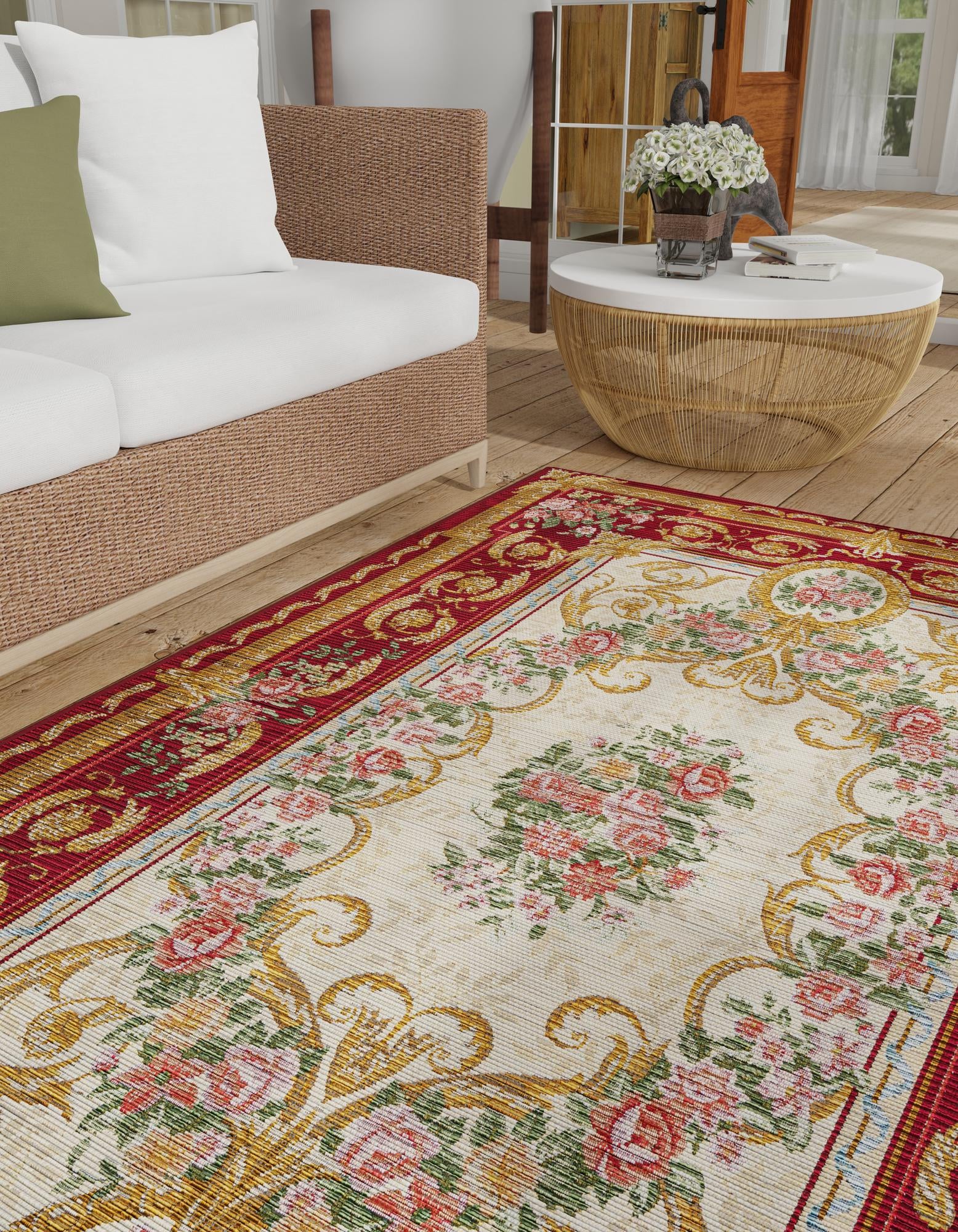 Burgundy Red and Ivory 9' x 12' Traditional Indoor / Outdoor Rug | Rugs.com