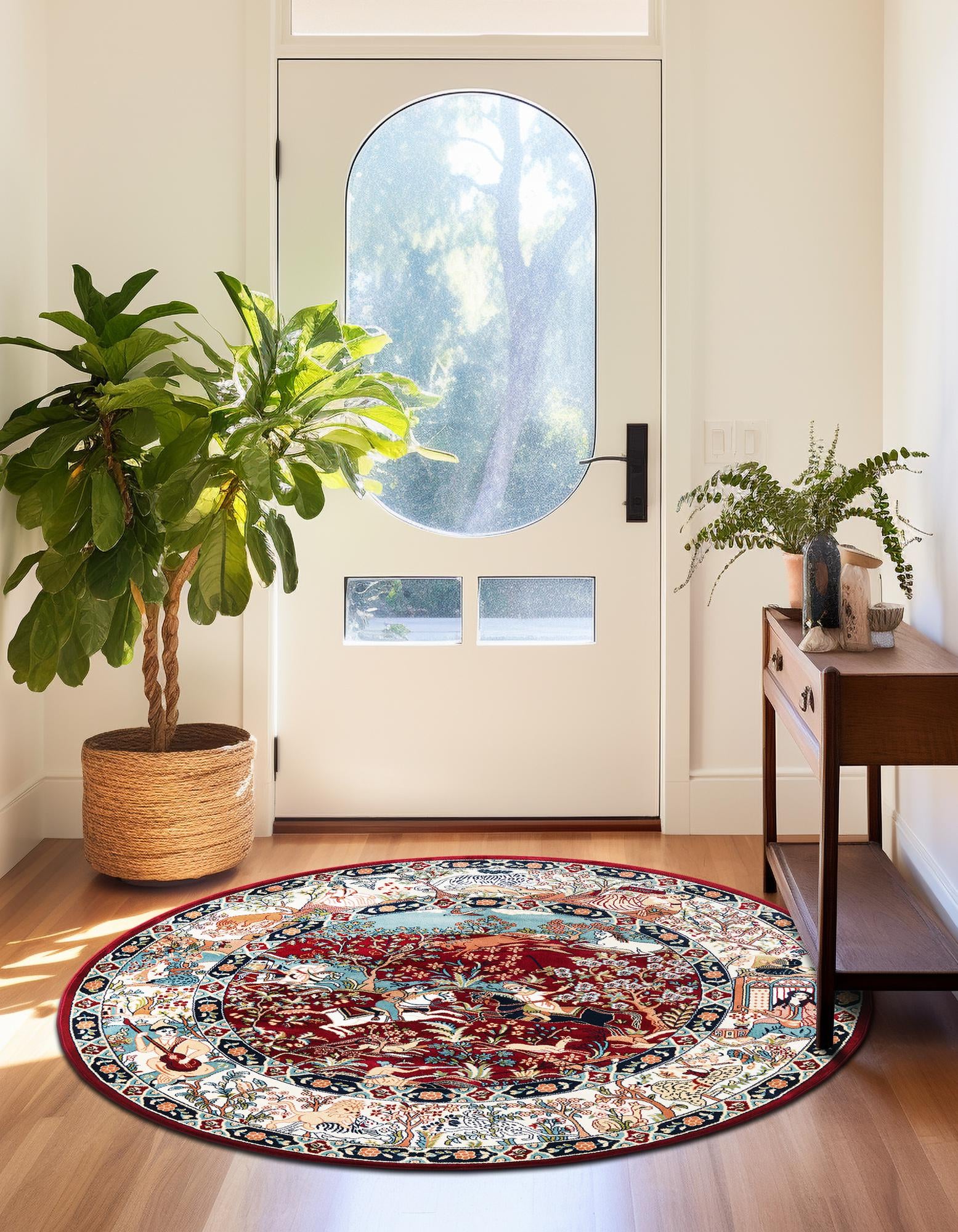 Burgundy 5' x 5' Nain Design Round Rug | Rugs.com