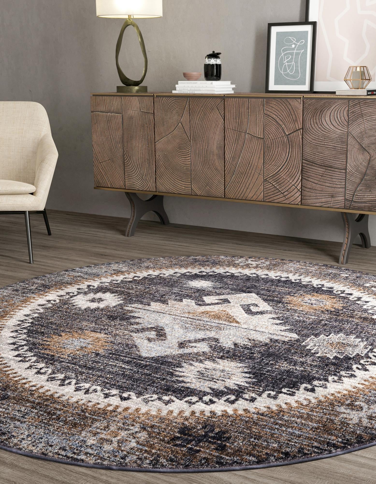 Charcoal Gray 7' x 7' Eco Southwestern Round Rug | Rugs.com