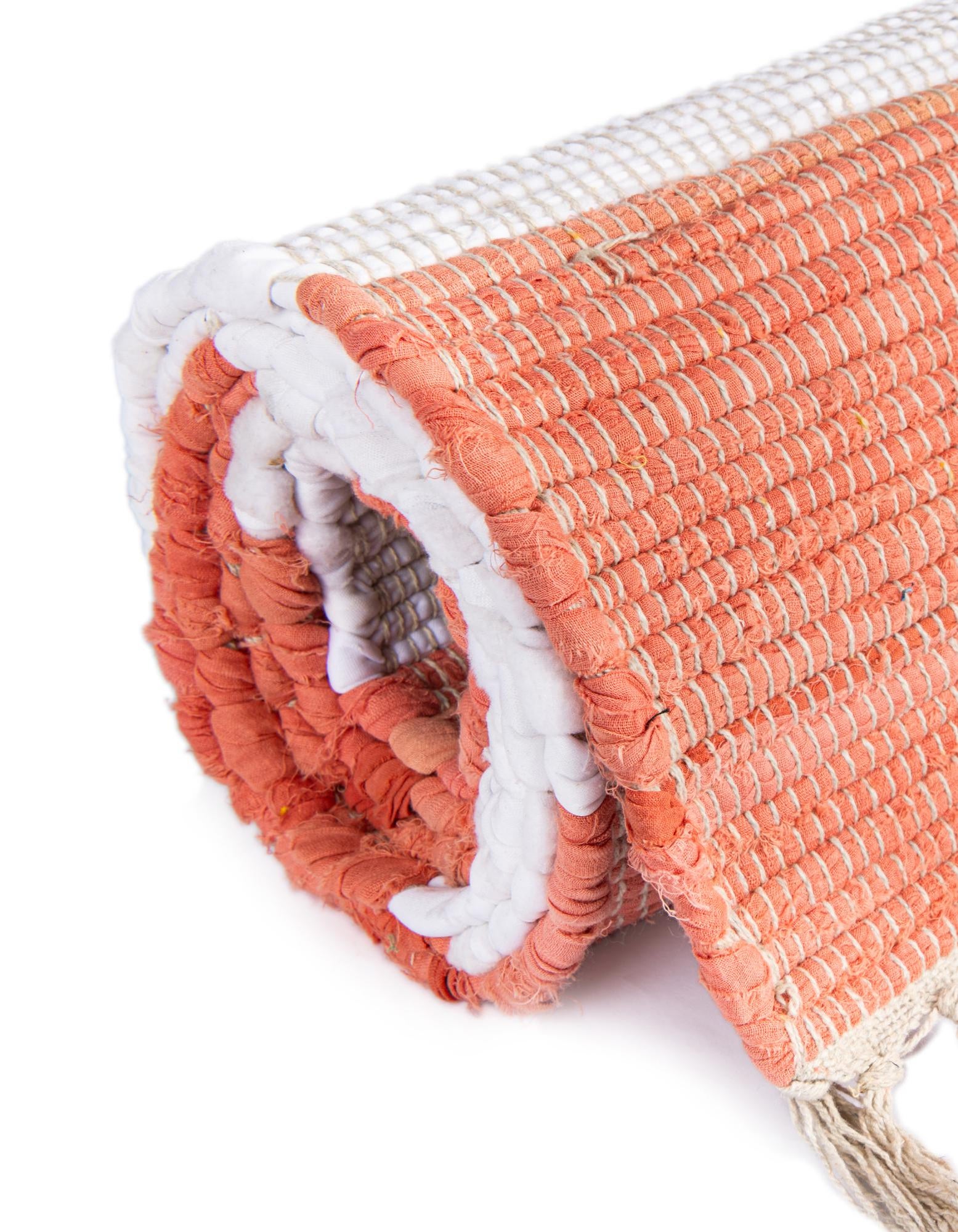 Coral and Ivory 7' 10 x 7' 10 Hand Woven Chindi Rag Square Rug | Rugs.com