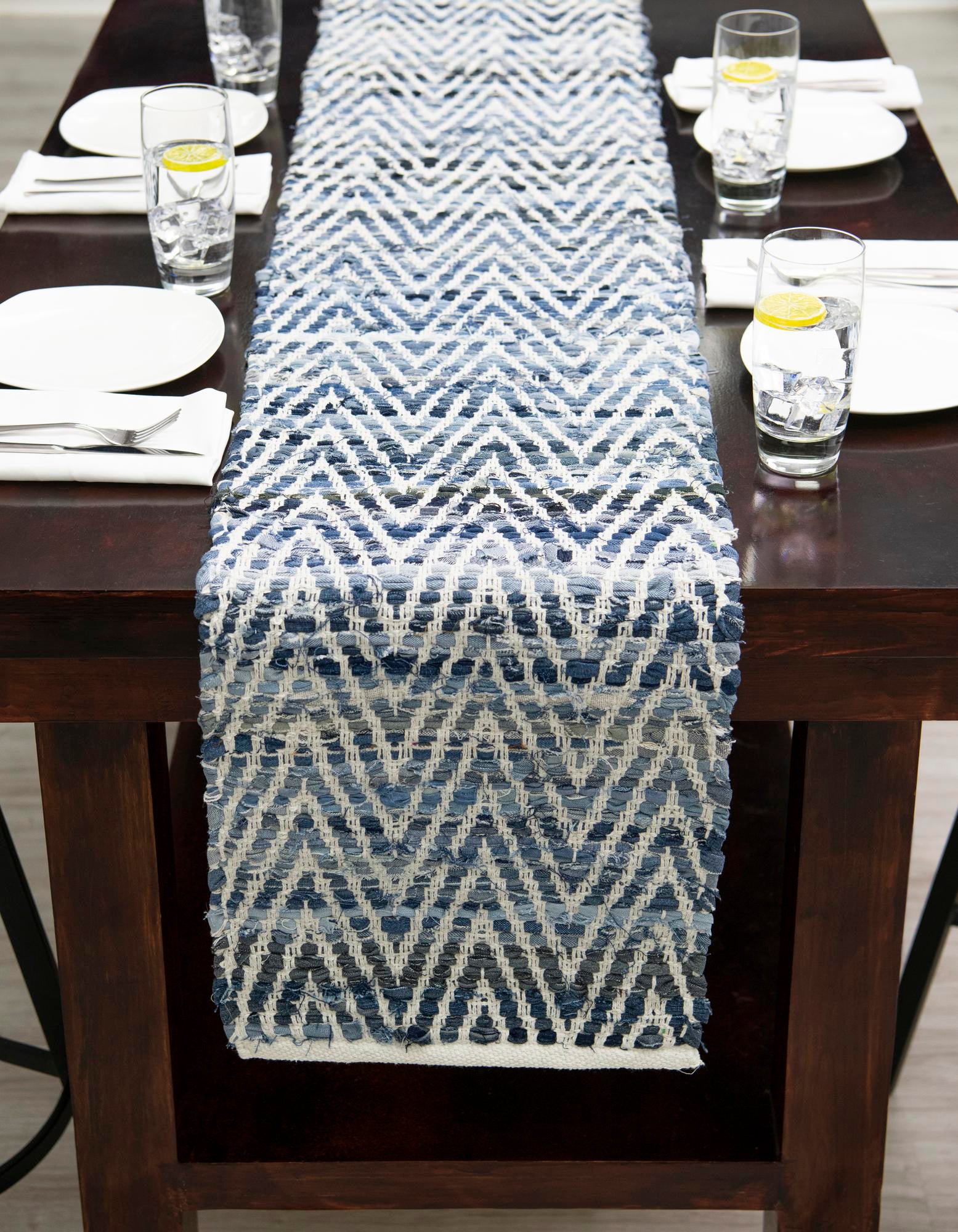 Denim 1' 2 x 5' 1 Hand Woven Chindi Chevron Table Runner Rug | Rugs.com