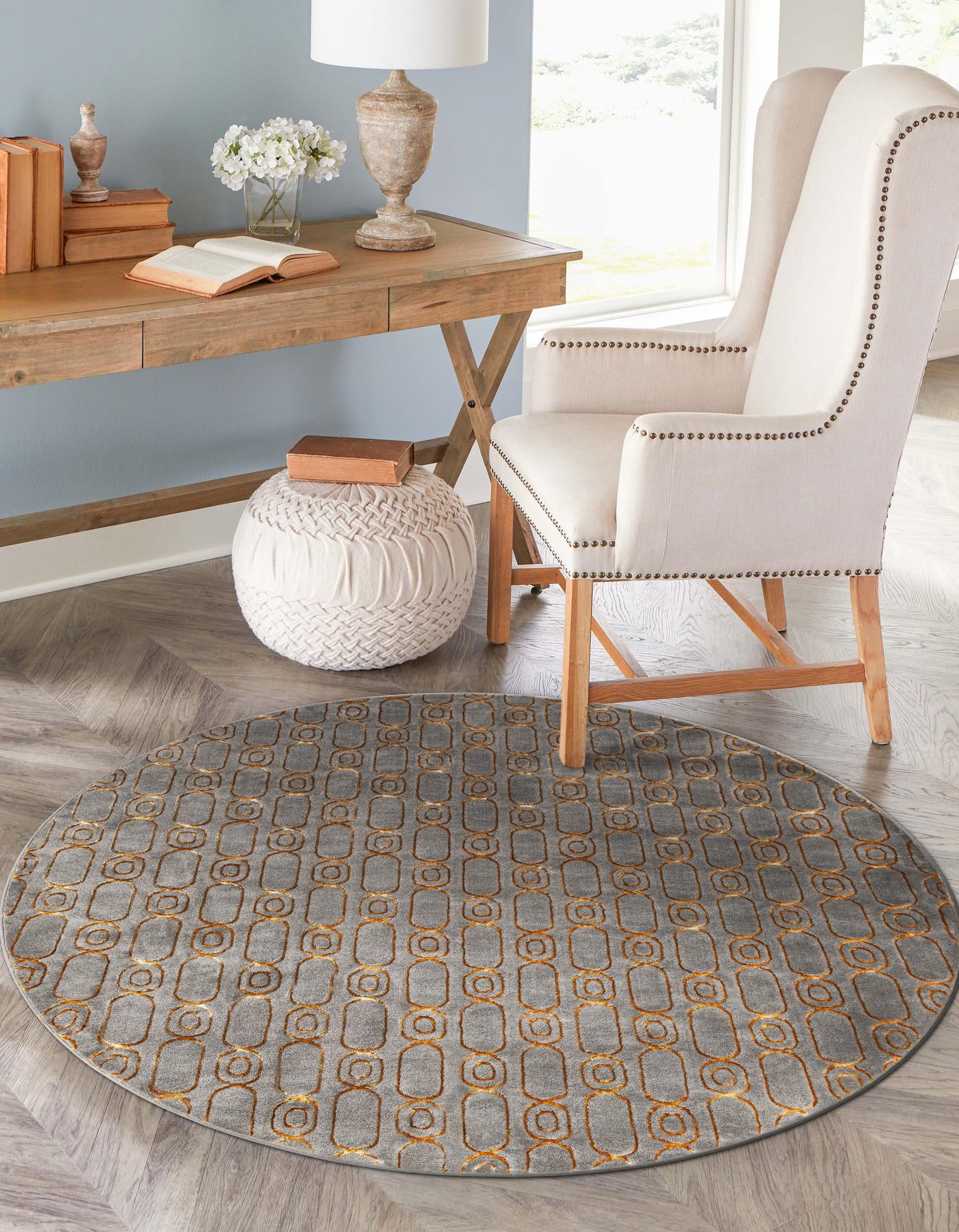 Gray and Gold 10' x 10' Vogue Geo Round Rug | Rugs.com