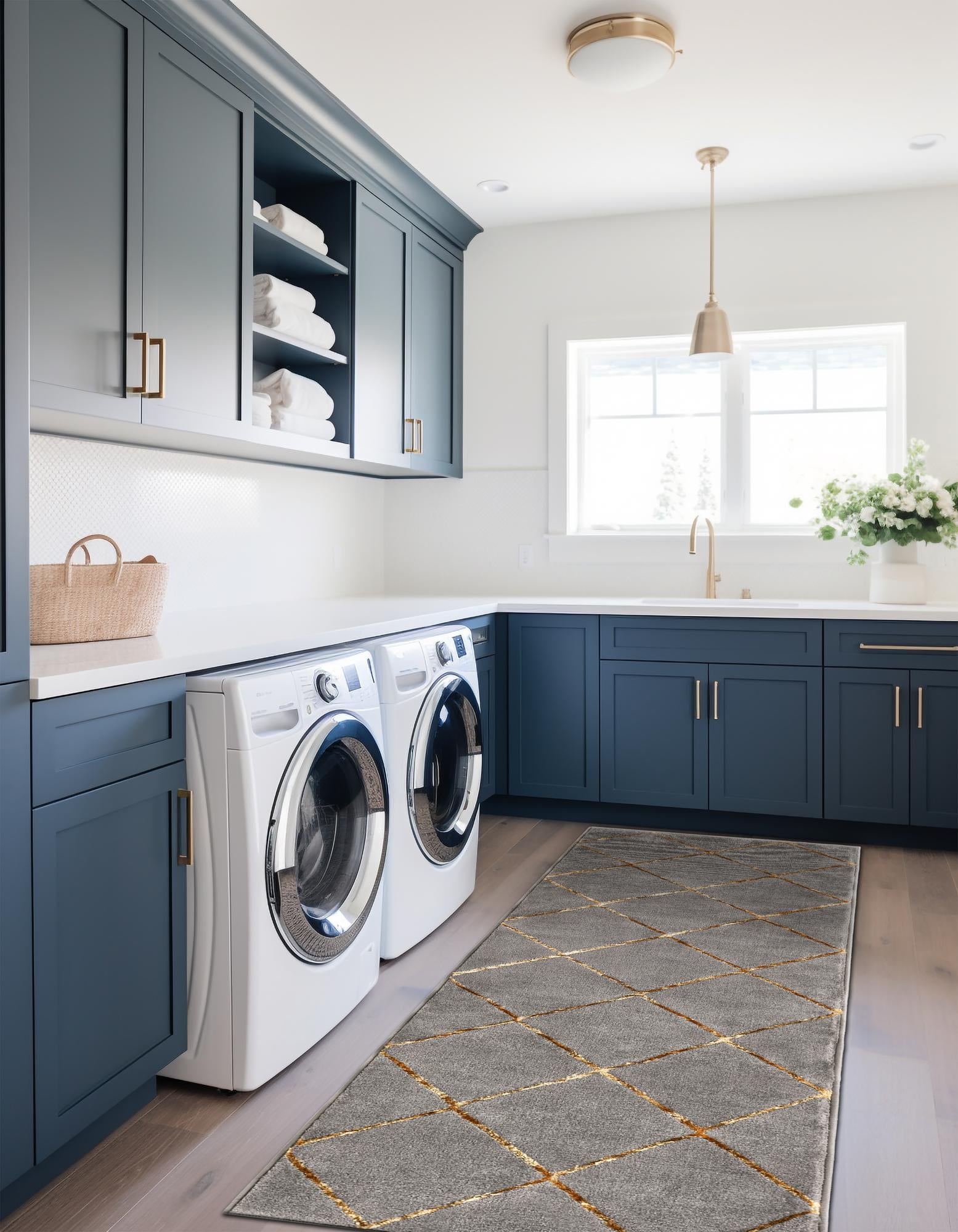 Gray and Gold 2' 7 x 12' Vogue Geo Runner Rug | Rugs.com