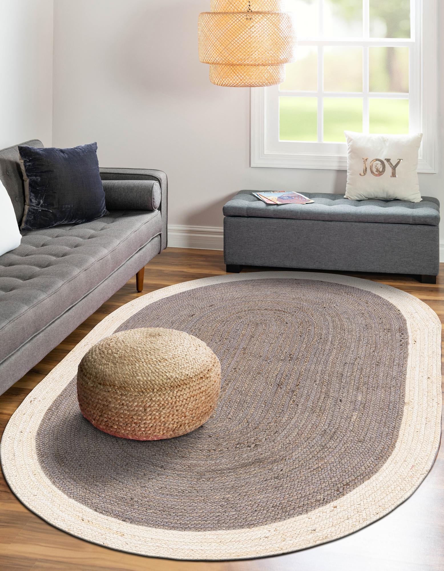 Gray and White 7' 10 x 10' Hand Braided Jute Oval Rug | Rugs.com