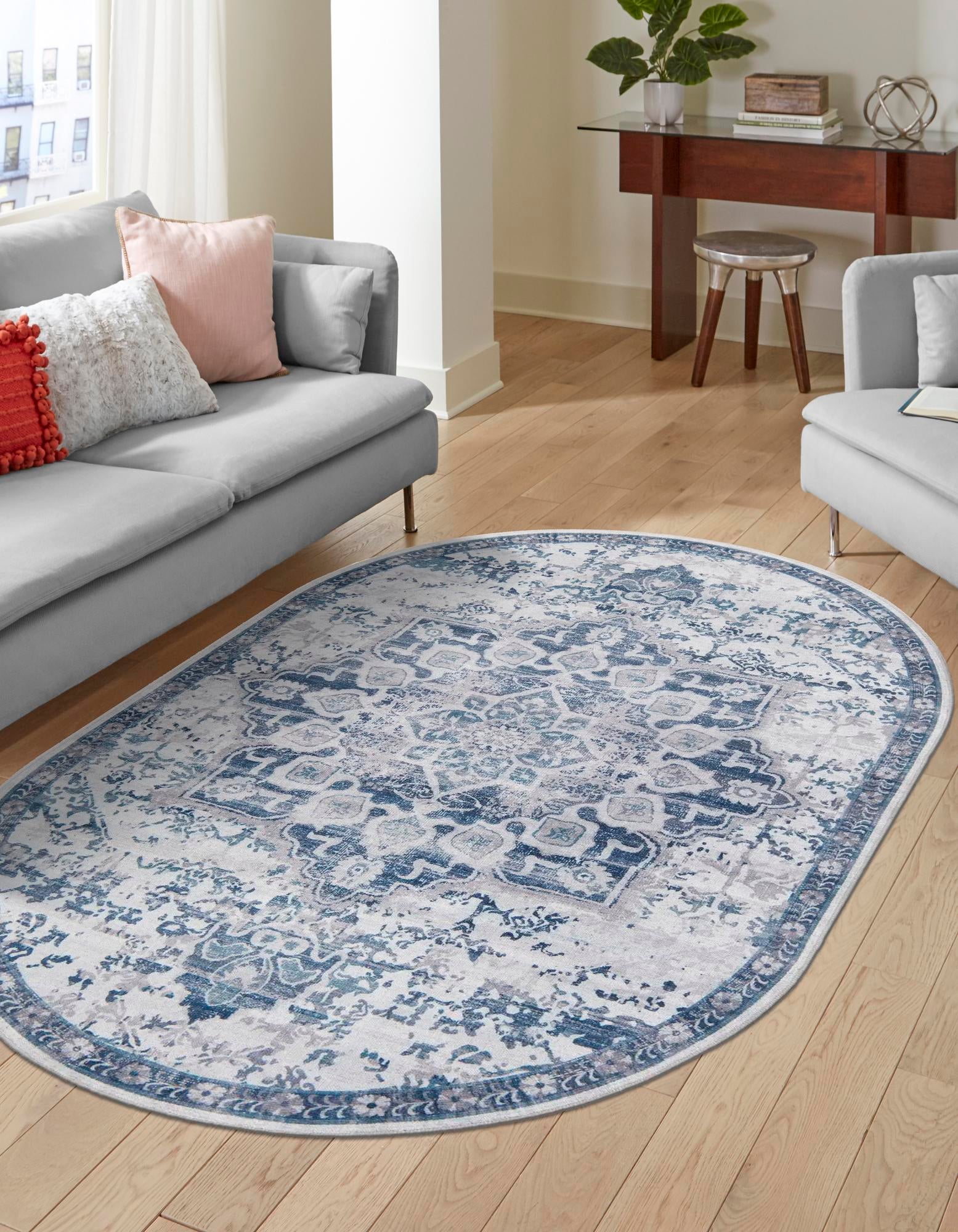 Gray Blue 5' 3 x 7' 10 Washable Francesca Oval Rug | Rugs.com