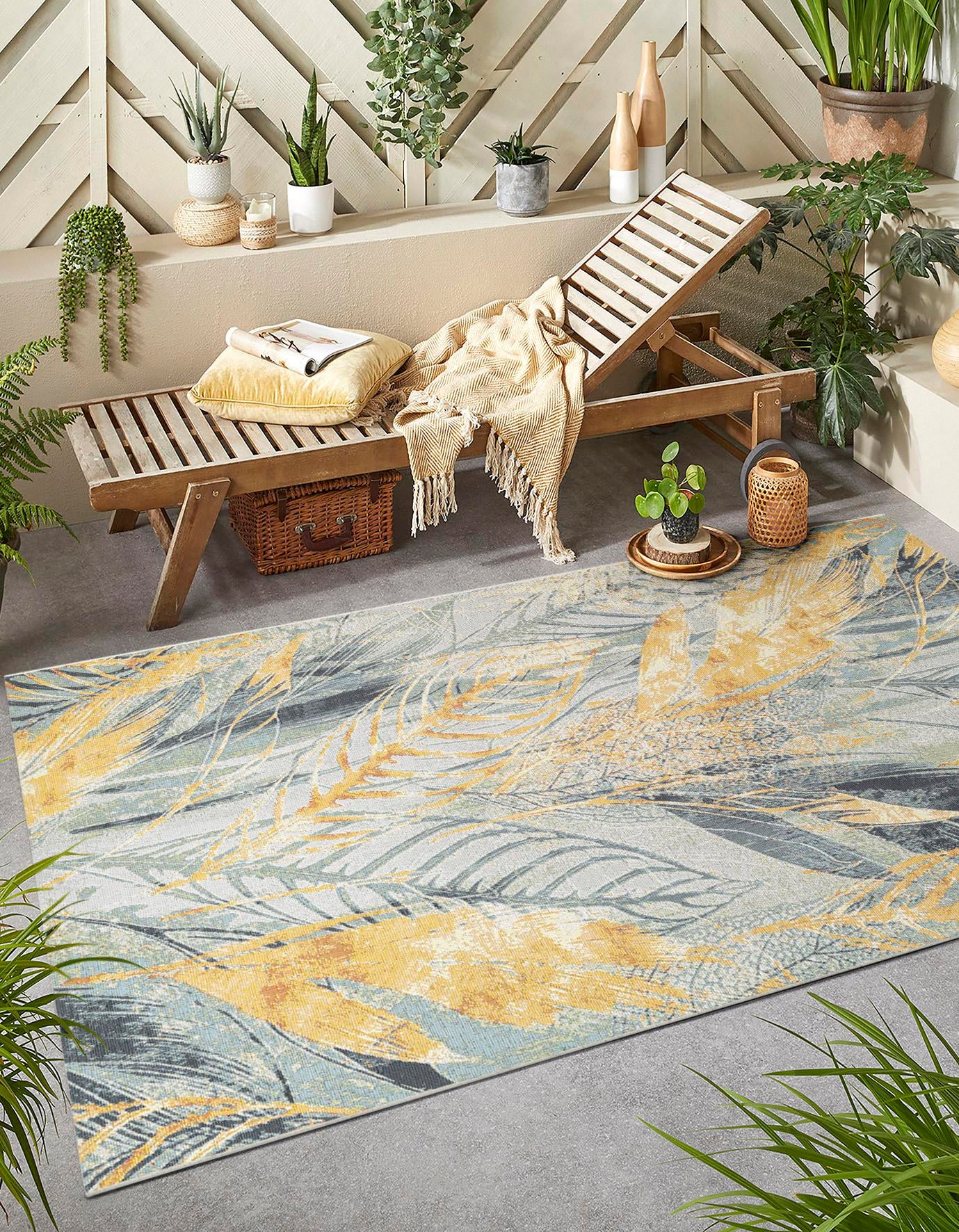 Gray Ivory Yellow 9' x 12' Botanical Indoor / Outdoor Rug | Rugs.com