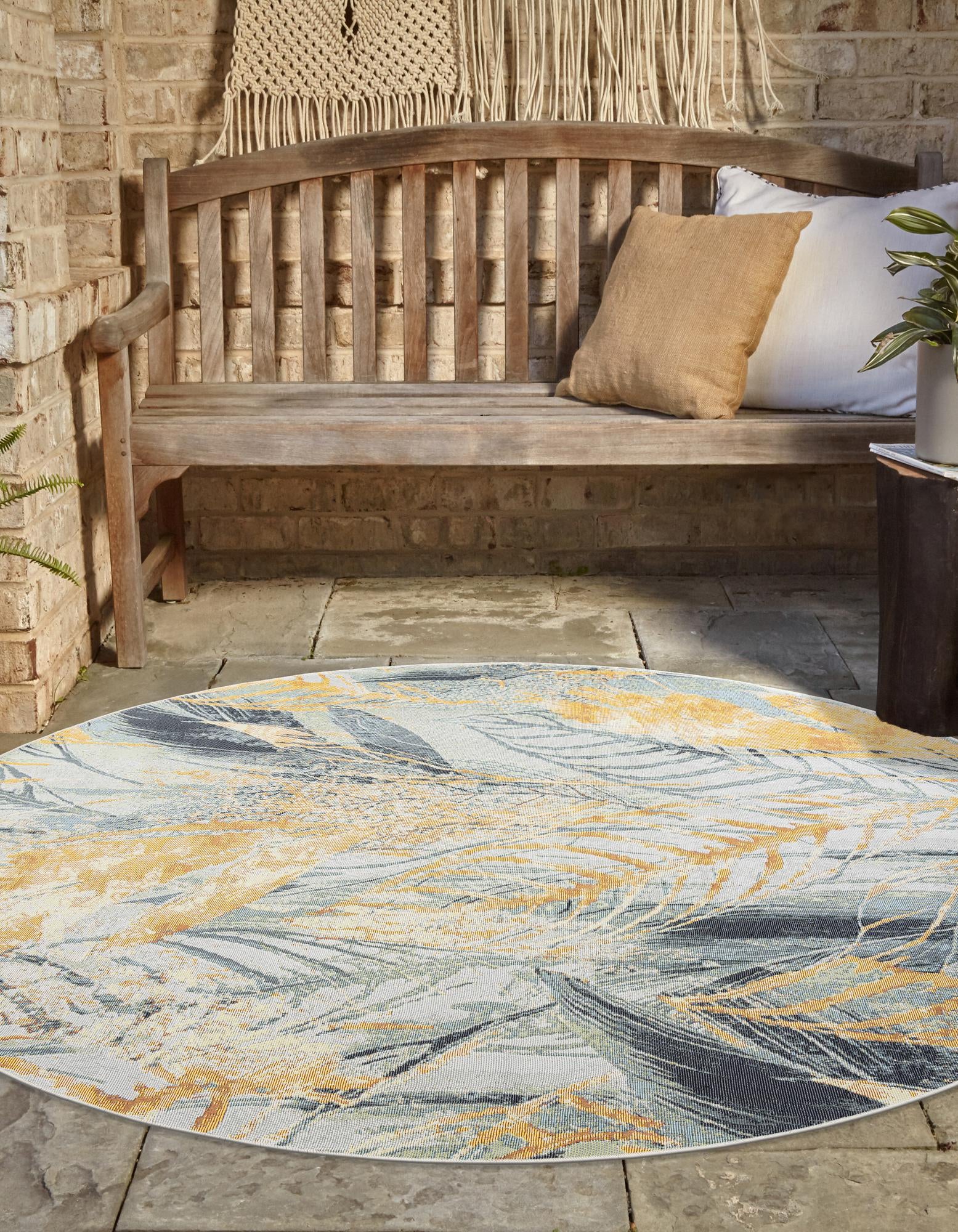 Gray Ivory Yellow 4' x 4' Botanical Indoor / Outdoor Round Rug | Rugs.com