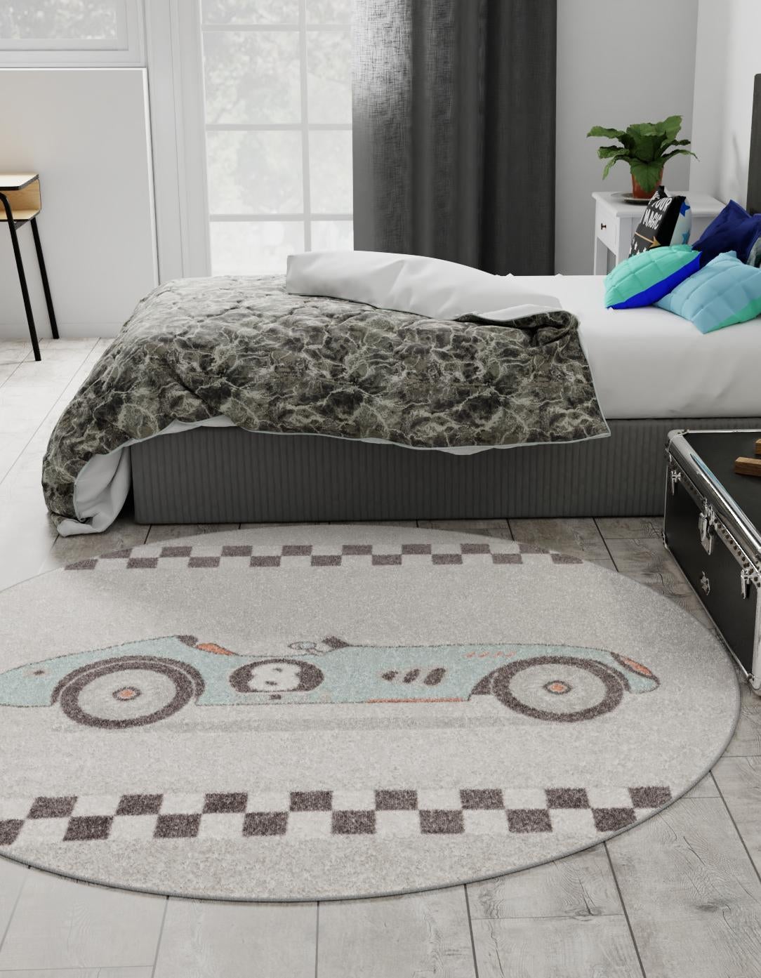 Gray 5' 3 x 5' 3 Racecar Whimsy Kids Round Rug | Rugs.com