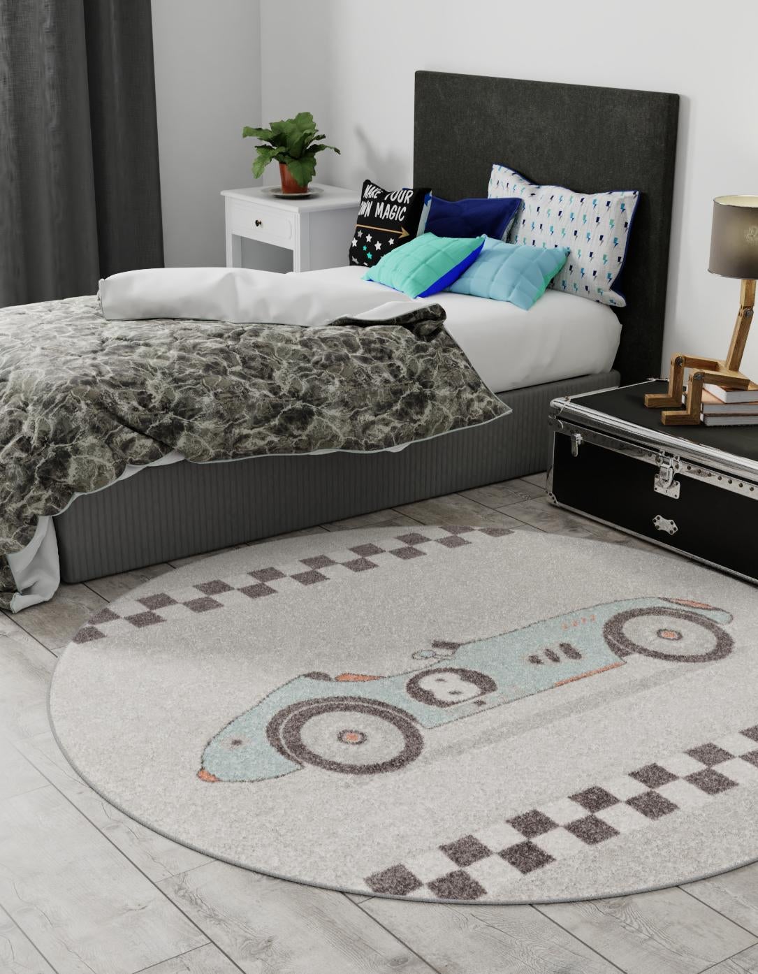Gray 5' 3 x 5' 3 Racecar Whimsy Kids Round Rug | Rugs.com