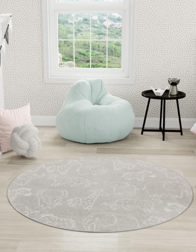 Gray 5' 3 x 5' 3 Animals Whimsy Kids Round Rug | Rugs.com