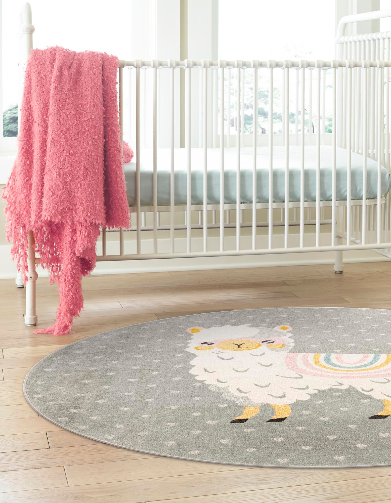 Gray 7' 10 x 7' 10 Llama Whimsy Kids Round Rug | Rugs.com