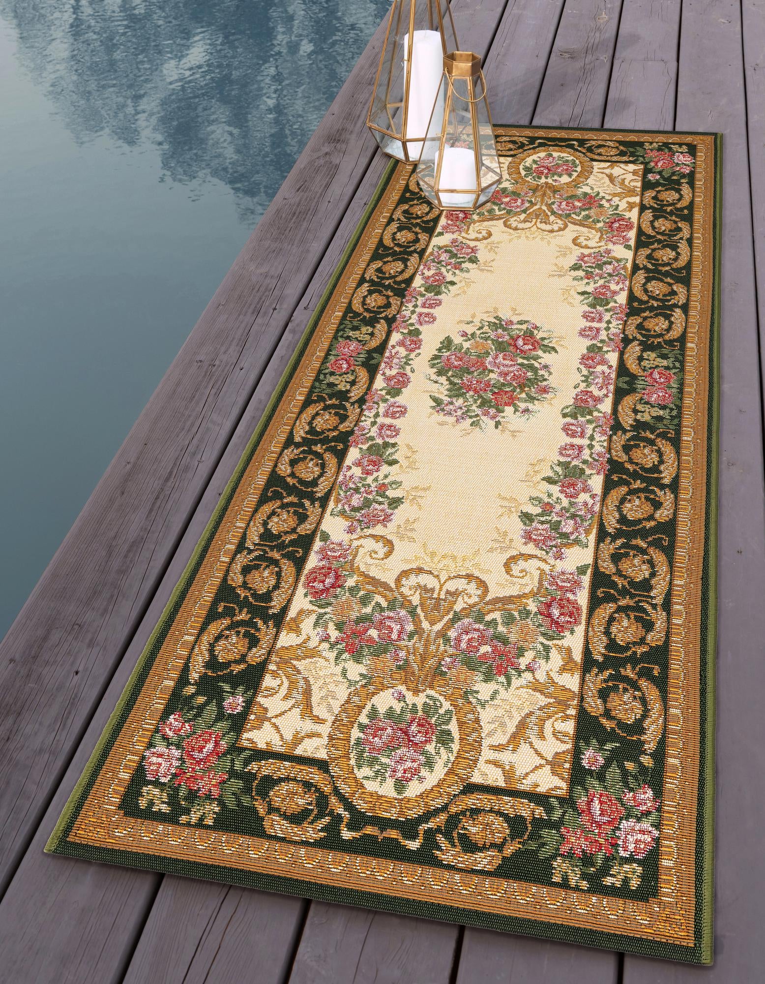 Green and Ivory 2' x 5' Traditional Indoor / Outdoor Runner Rug | Rugs.com