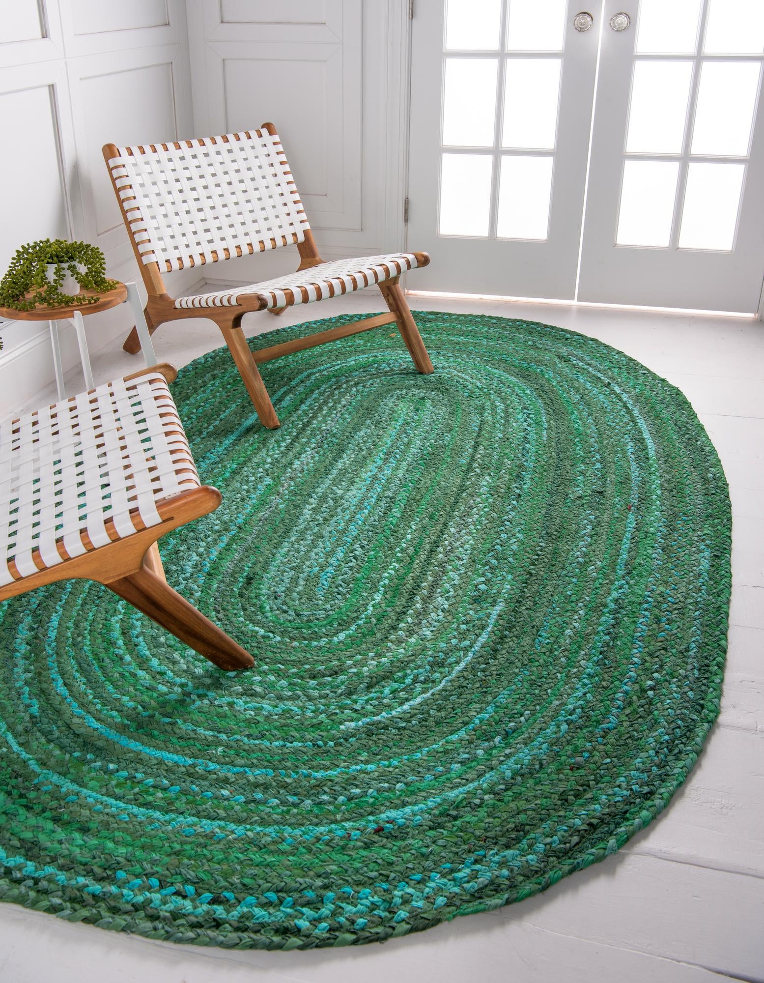 Green 5' 1 x 8' Hand Braided Chindi Oval Rug | Rugs.com