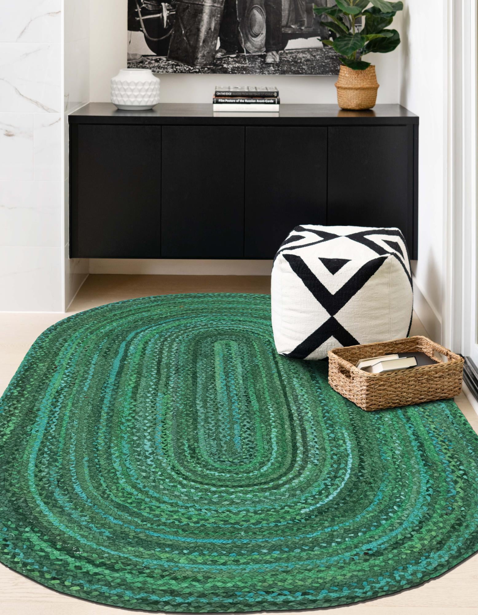 Green 8' x 10' Hand Braided Chindi Oval Rug | Rugs.com