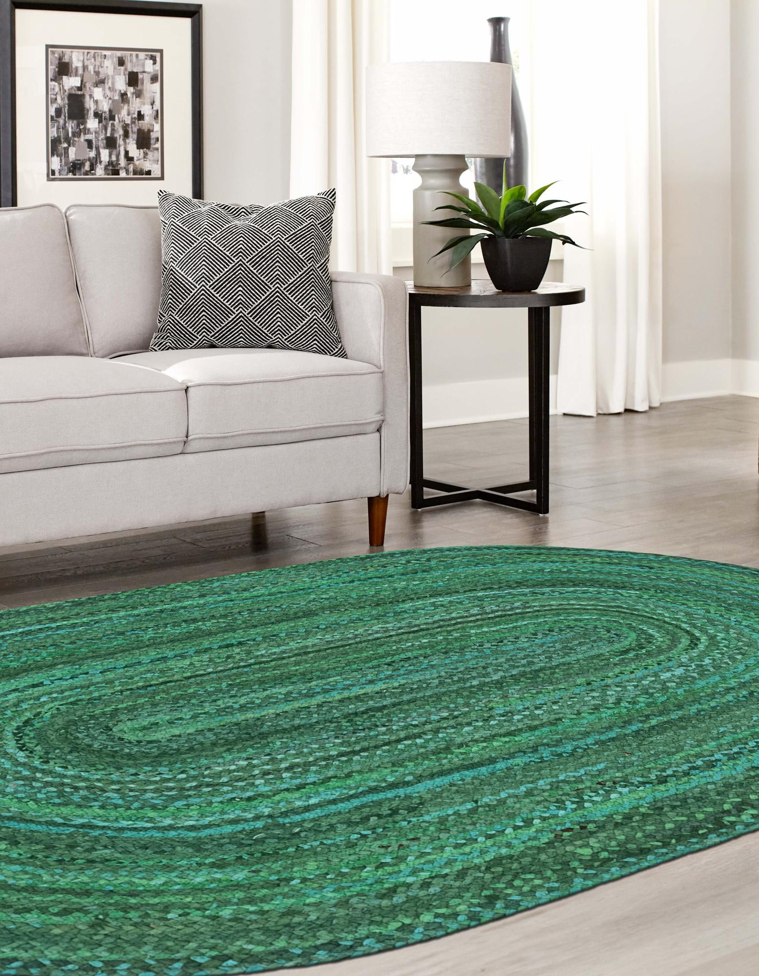 Green 8' x 10' Hand Braided Chindi Oval Rug | Rugs.com