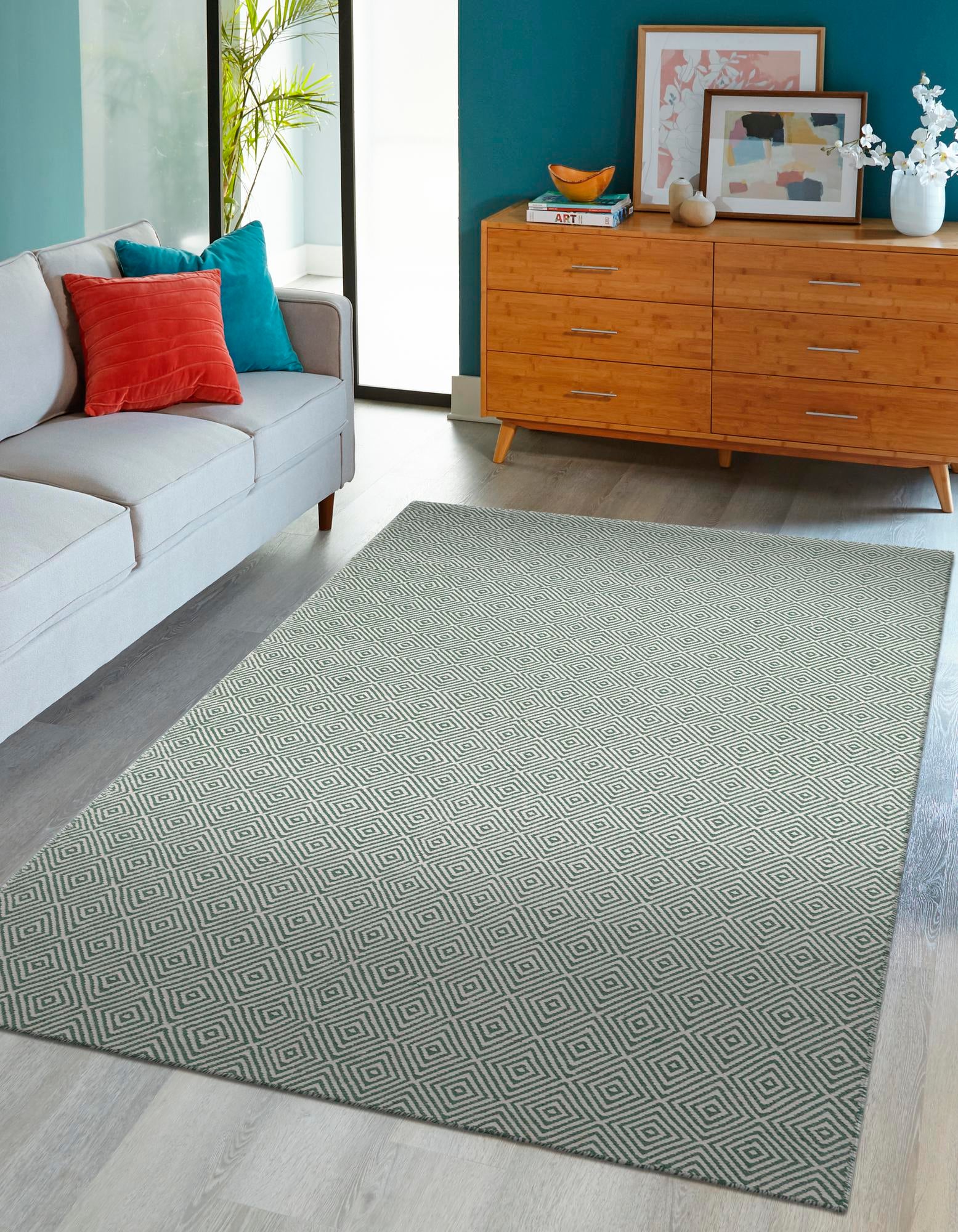 Green 7' 10 x 10' Hand Woven Geo Trellis Flatweave Rug | Rugs.com