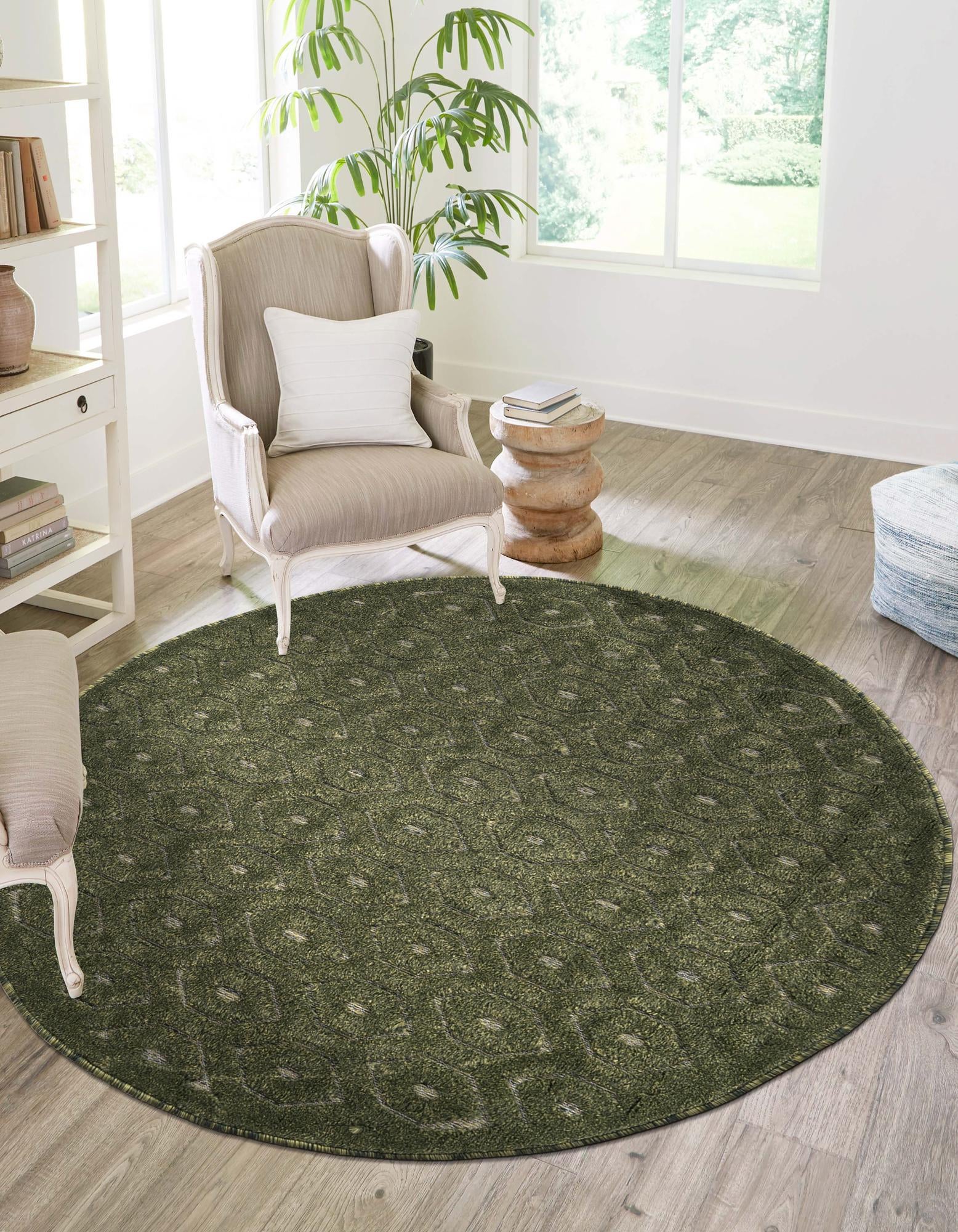 Green 5' 3 x 5' 3 Trellis Textured Indoor / Outdoor Round Rug | Rugs.com