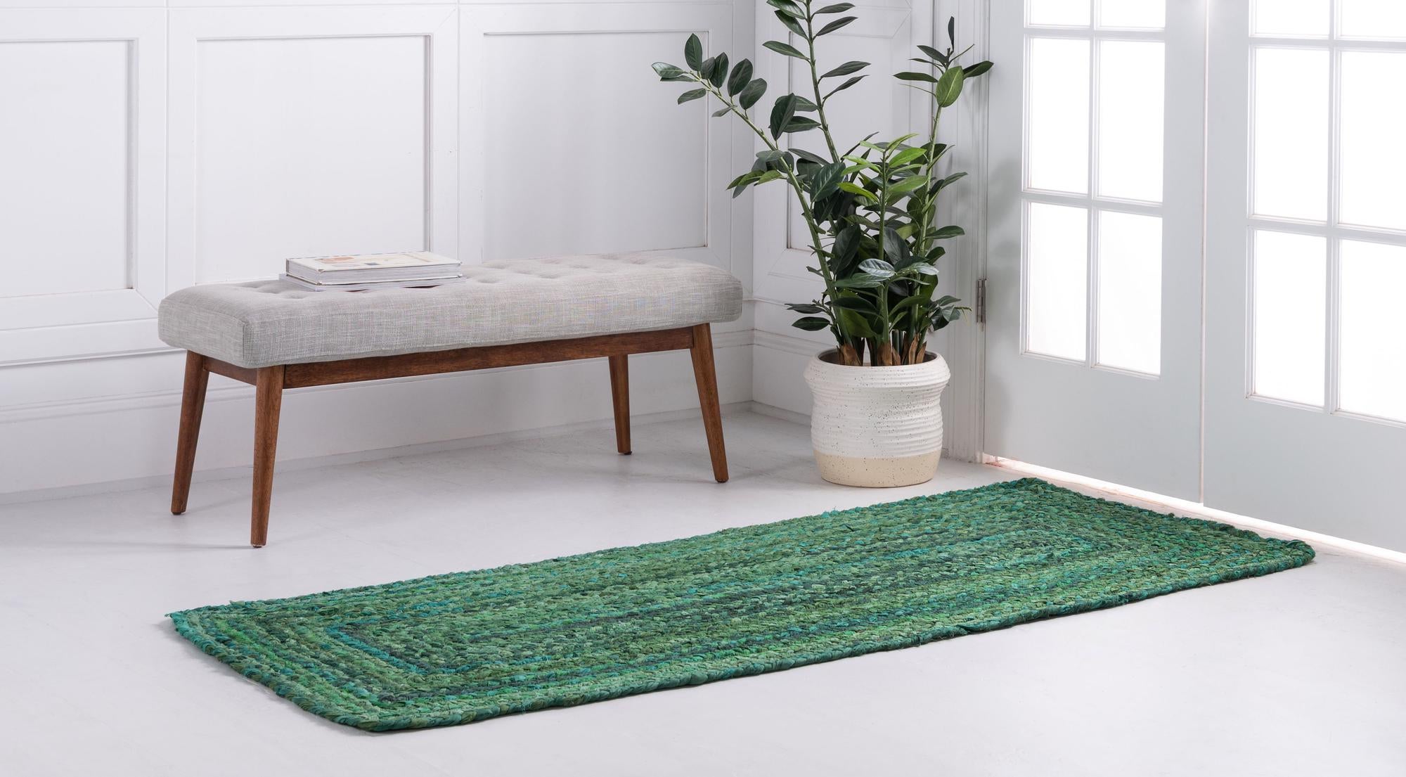 Green 2' 6 x 6' 1 Hand Braided Chindi Runner Rug | Rugs.com