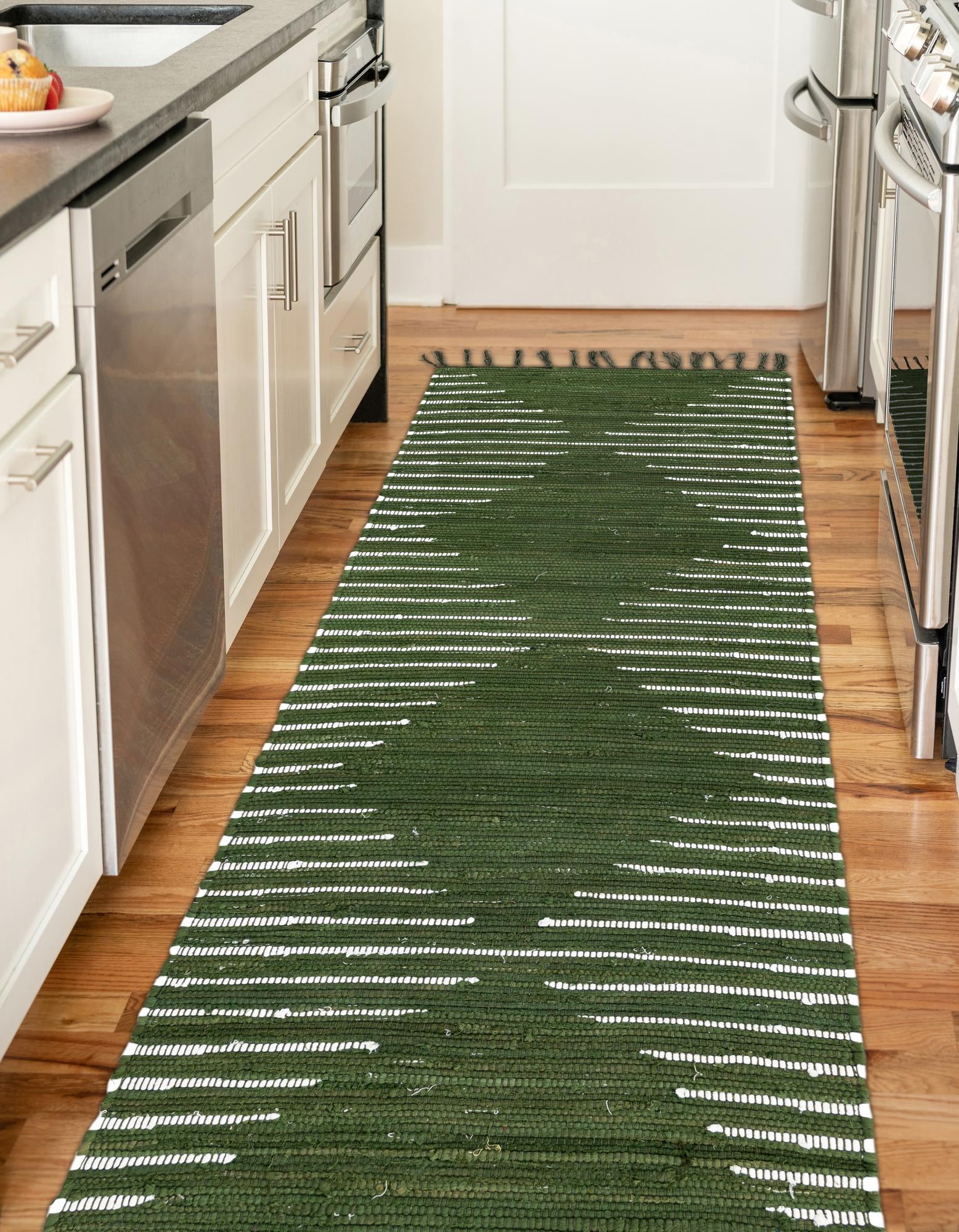 Green 2' x 8' Hand Woven Chindi Cotton Runner Rug | Rugs.com