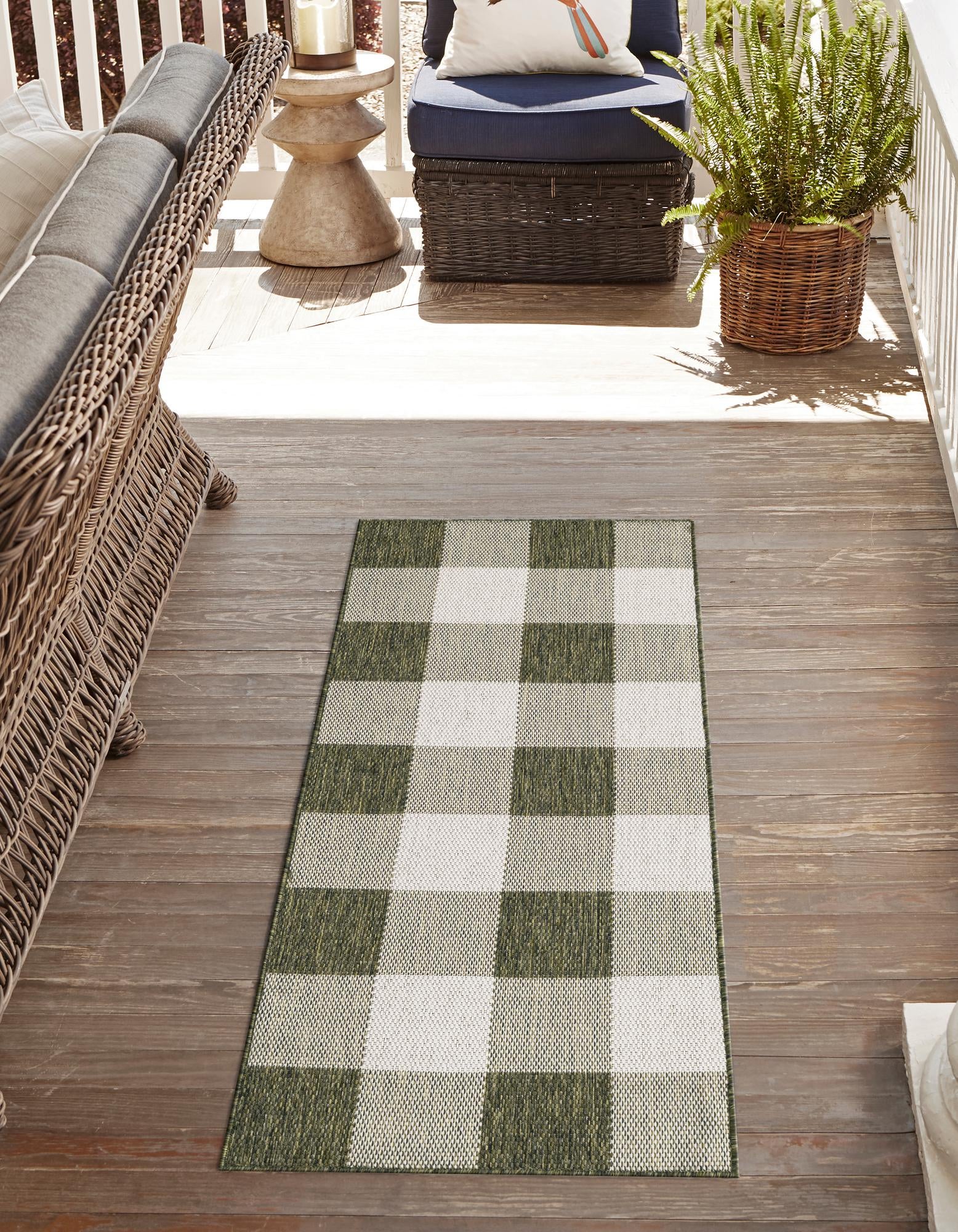 Green 2' 7 x 12' Checkered Indoor / Outdoor Runner Rug | Rugs.com
