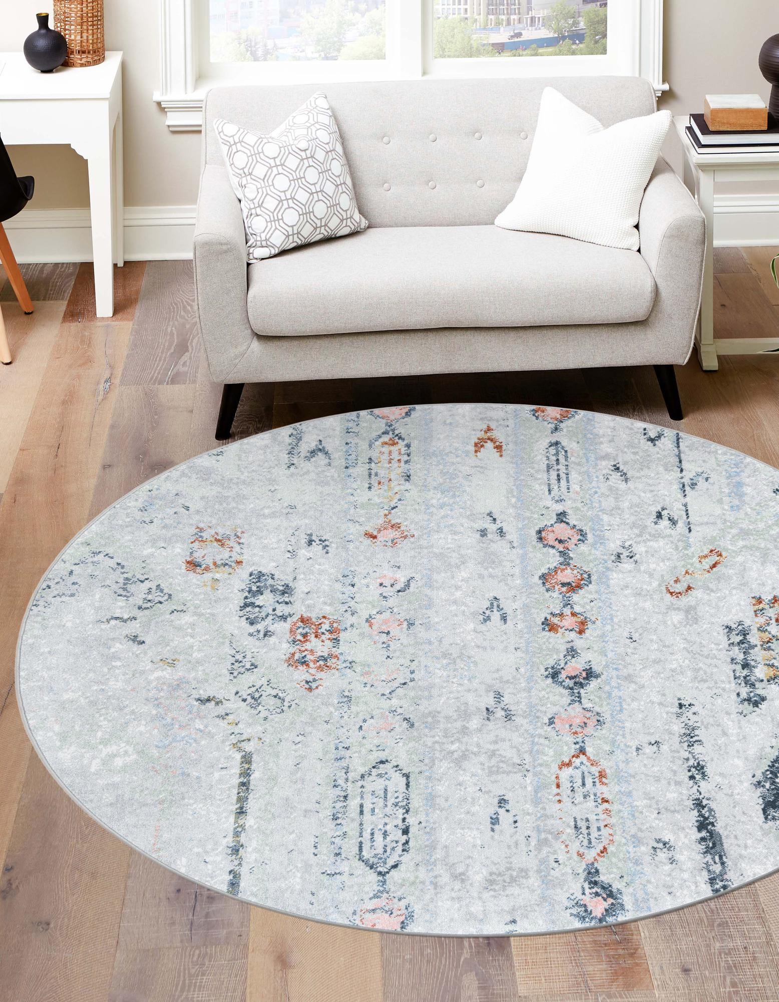 Ivory Gray 7' 10 x 7' 10 Kamala Washable Round Rug | Rugs.com