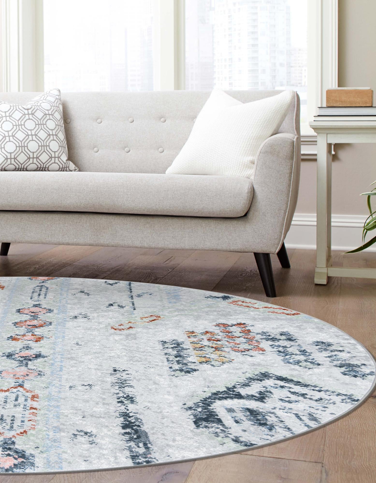 Ivory Gray 7' 10 x 7' 10 Kamala Washable Round Rug | Rugs.com