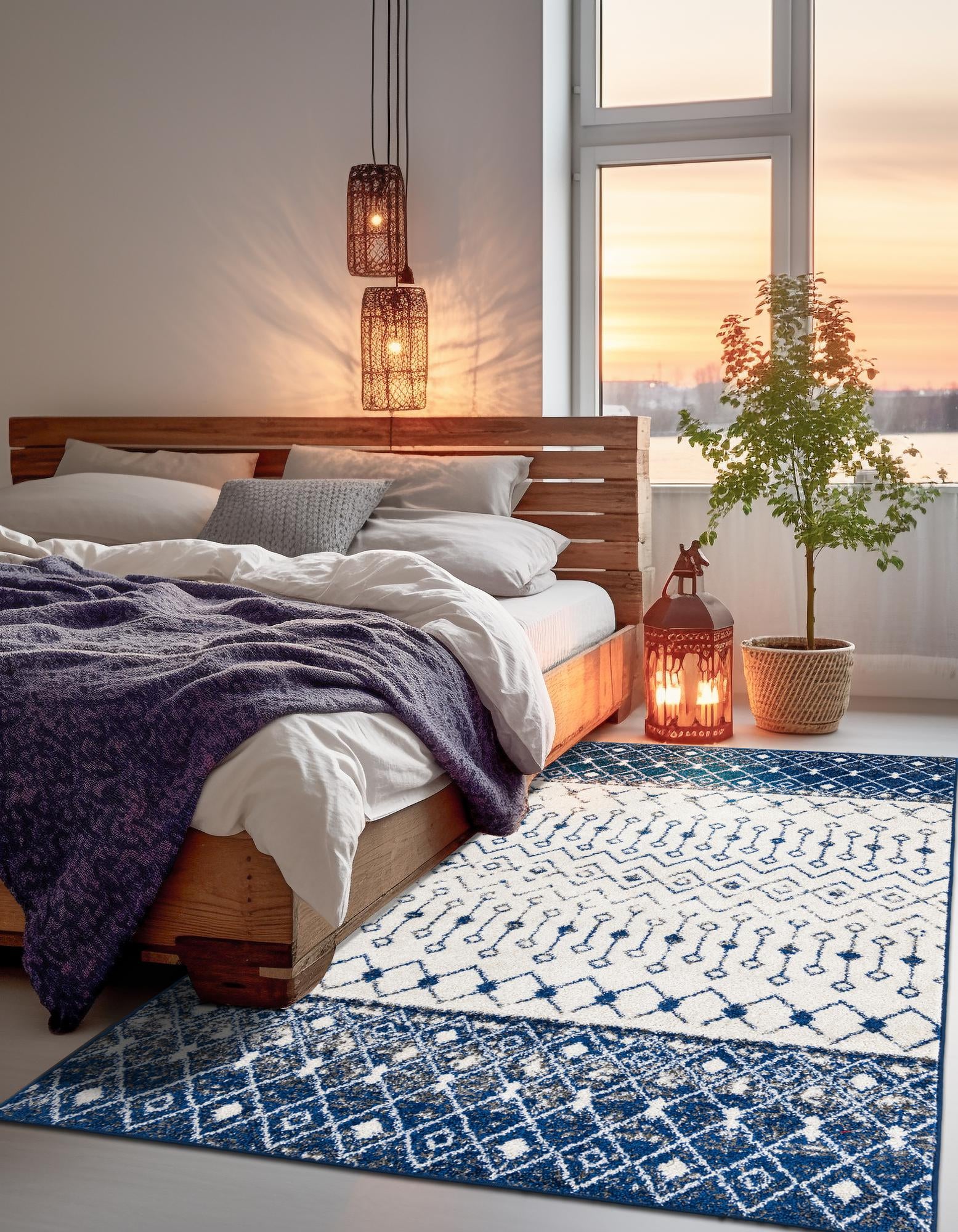 Ivory Navy Blue 9' x 12' Moroccan Trellis Rug | Rugs.com