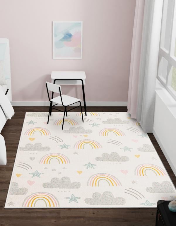 Ivory 4' x 6' Clouds and Rainbows Whimsy Kids Rug | Rugs.com