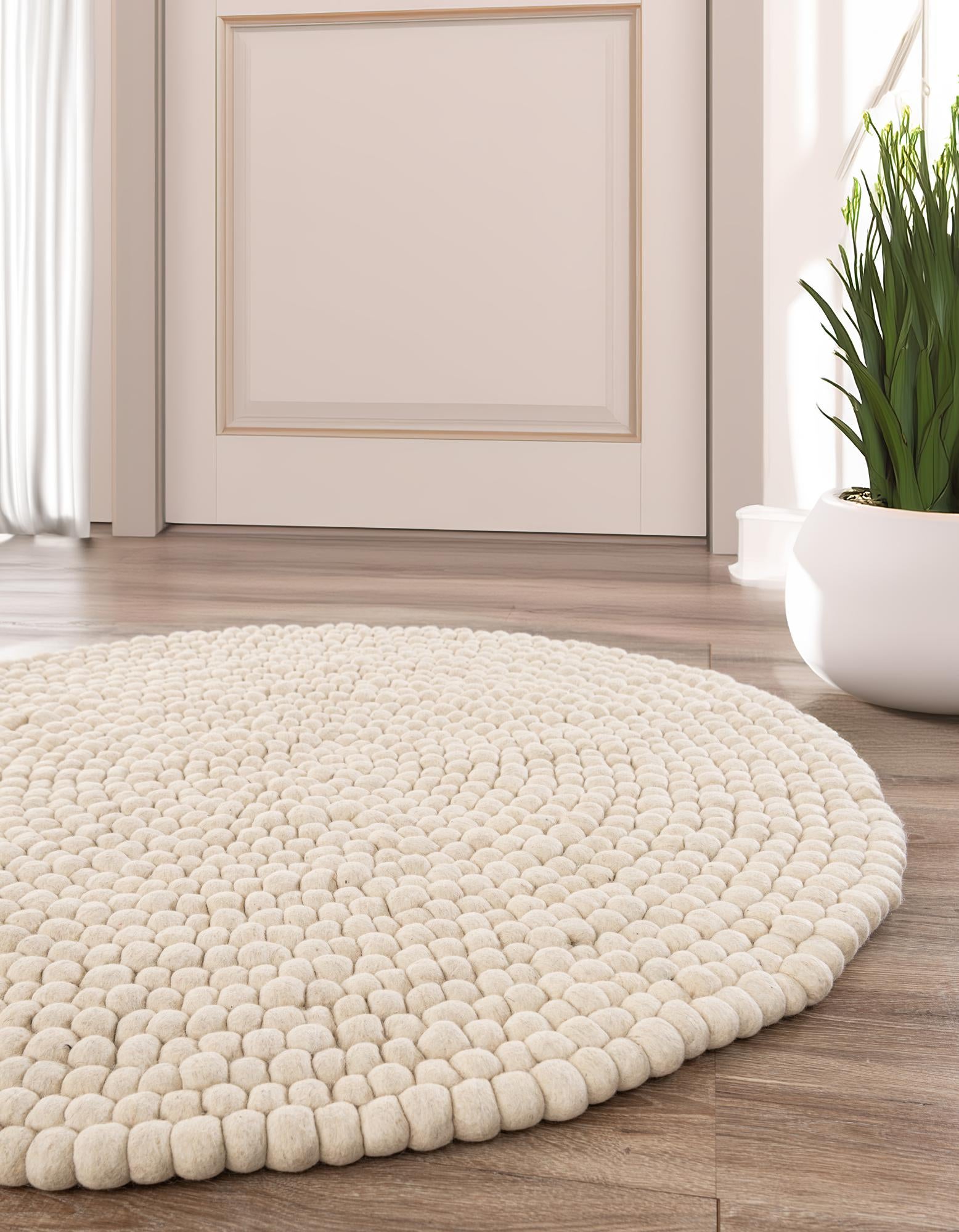Ivory 5' x 5' Felt Ball Wool Round Rug | Rugs.com