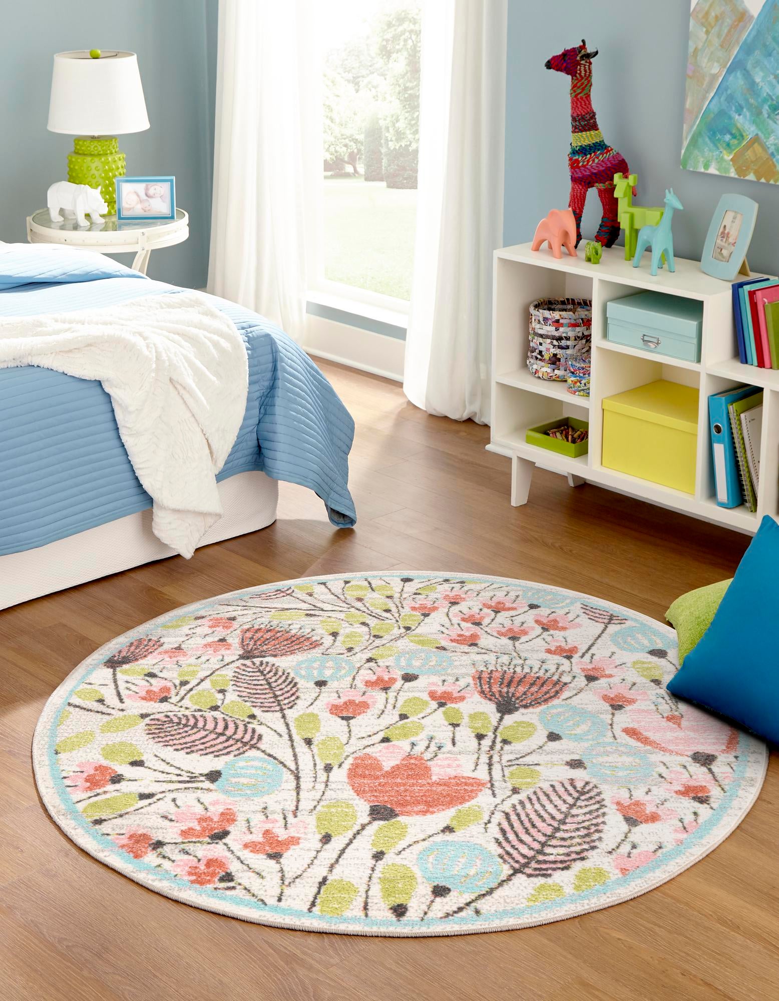Ivory 7' 10 x 7' 10 Flowers Whimsy Kids Round Rug | Rugs.com