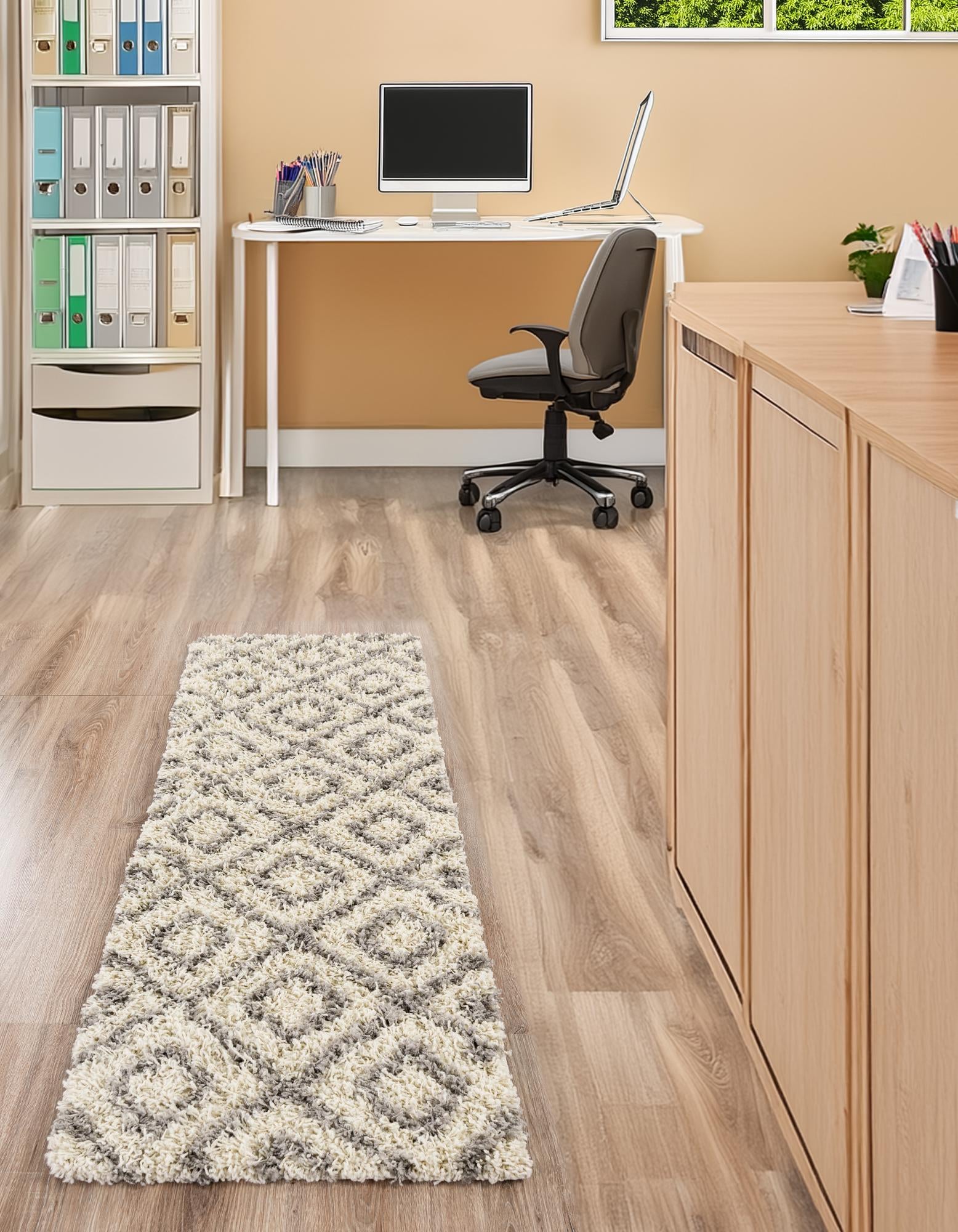 Ivory 2' x 7' Lattice Shag Runner Rug | Rugs.com