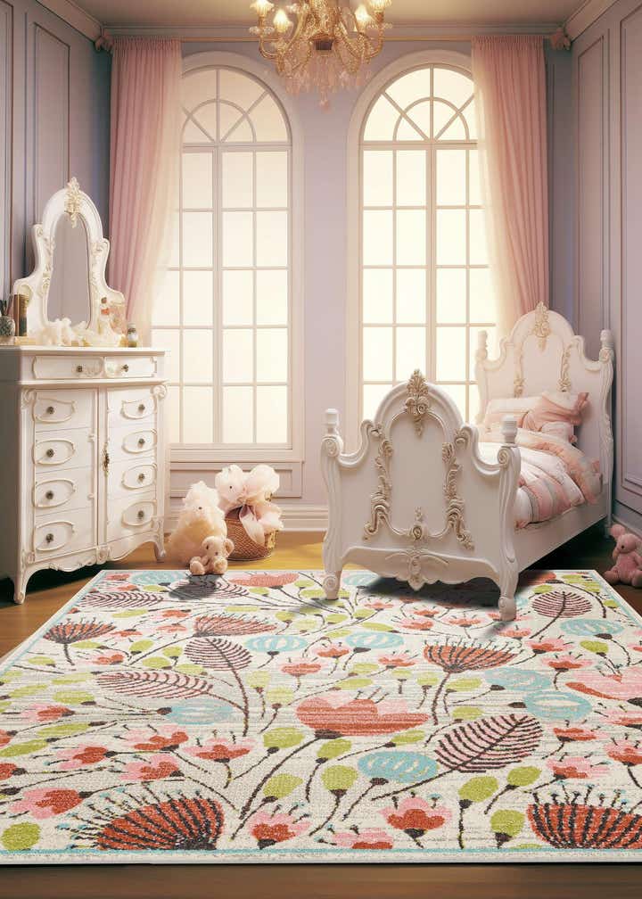 Ivory 7' 10 x 7' 10 Flowers Whimsy Kids Square Rug | Rugs.com