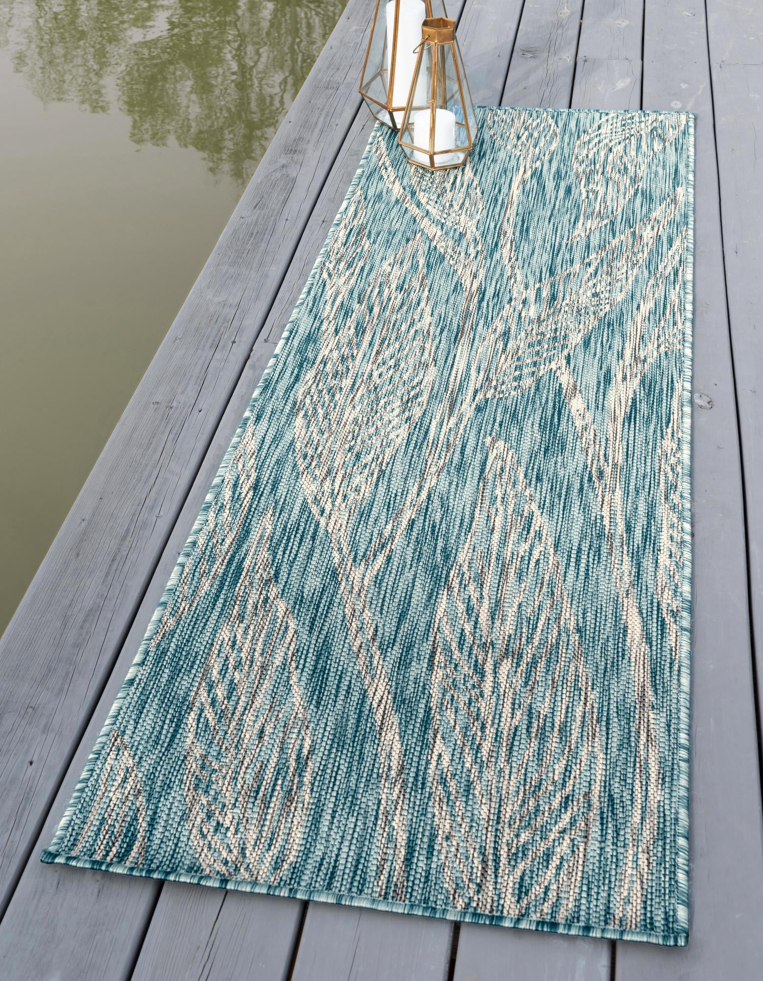 Light Aqua 2' x 6' Botanical Indoor / Outdoor Runner Rug | Rugs.com