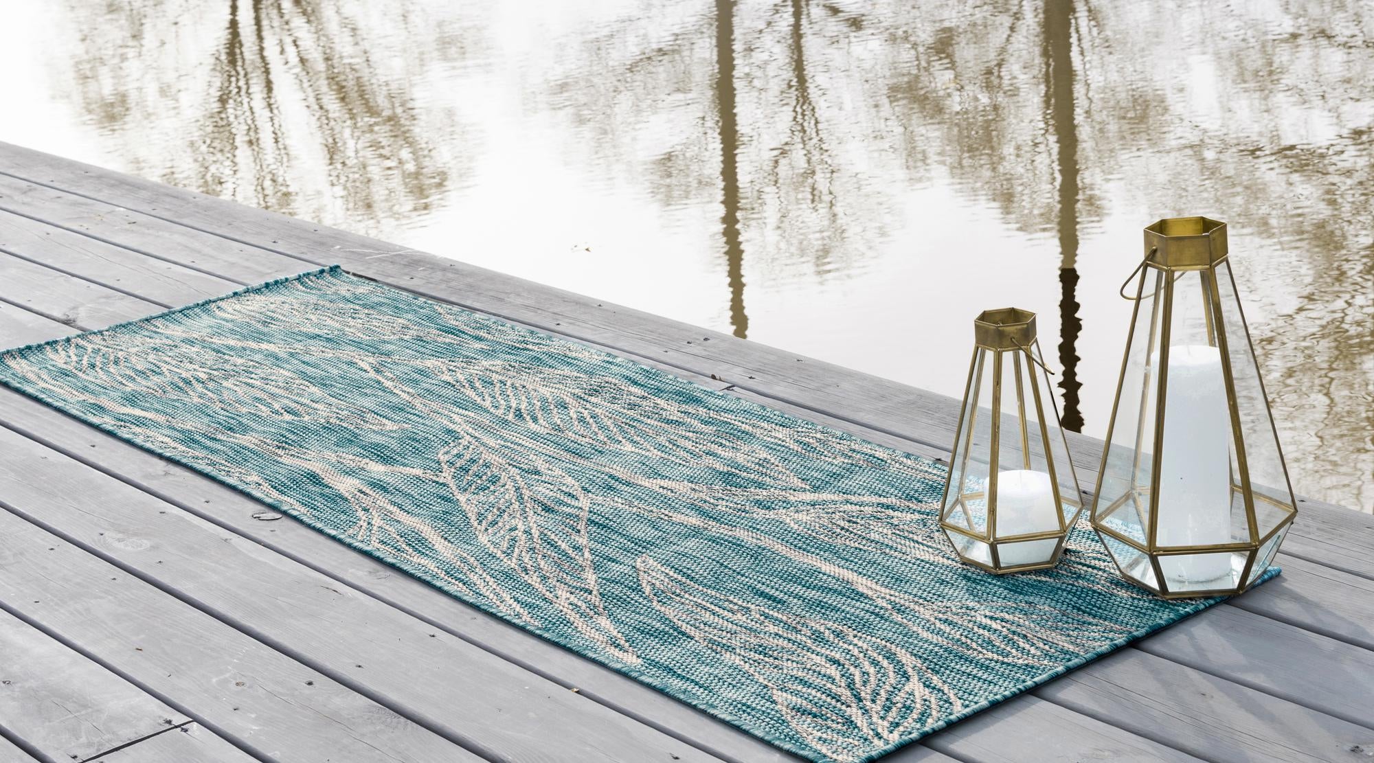 Light Aqua 2' x 6' Botanical Indoor / Outdoor Runner Rug | Rugs.com