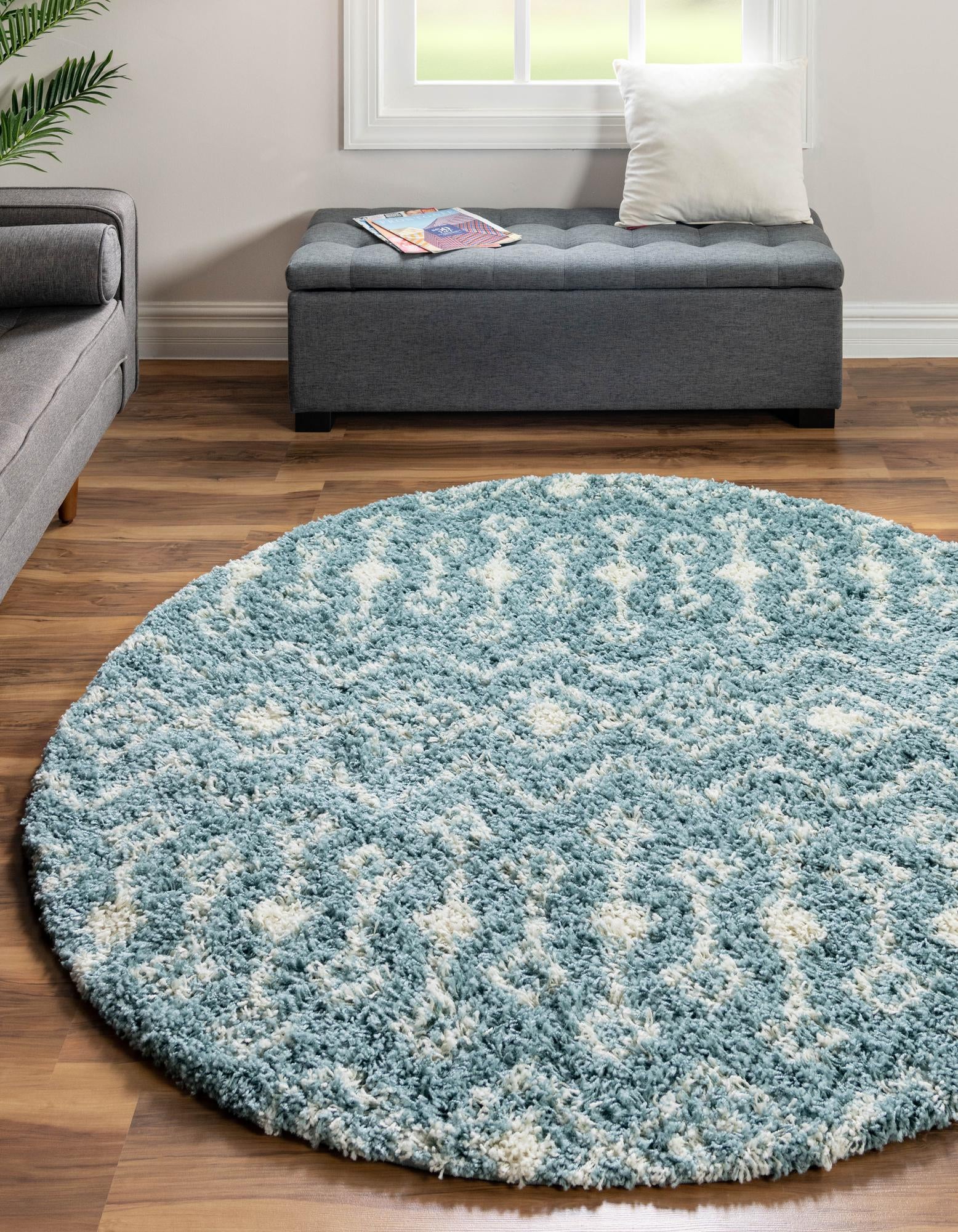 Light Blue 6' x 6' Moroccan Trellis Shag Round Rug | Rugs.com
