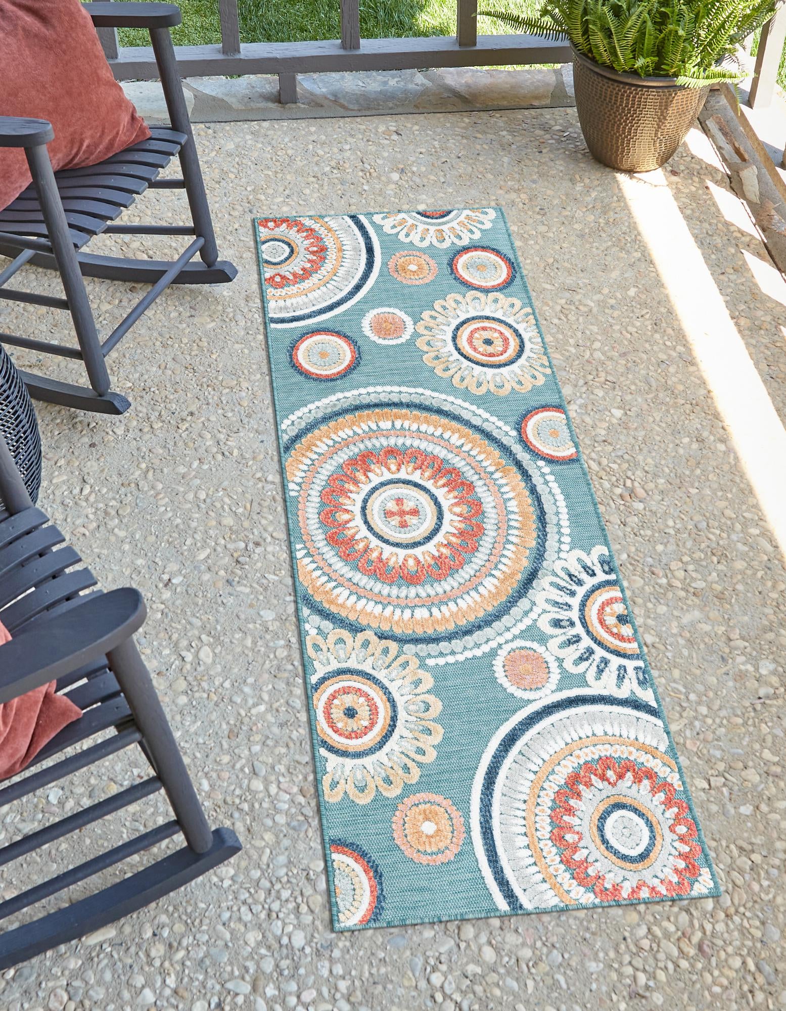 Light Blue 2' 2 x 8' Botanical Indoor / Outdoor Runner Rug | Rugs.com