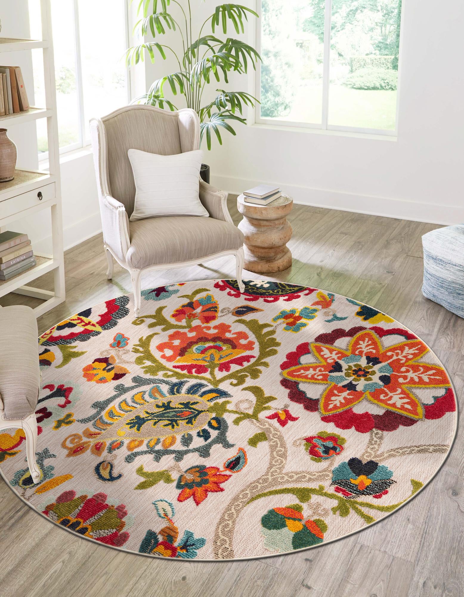 Multicolor Beige 6' x 6' Casablanca Indoor / Outdoor Round Rug | Rugs.com