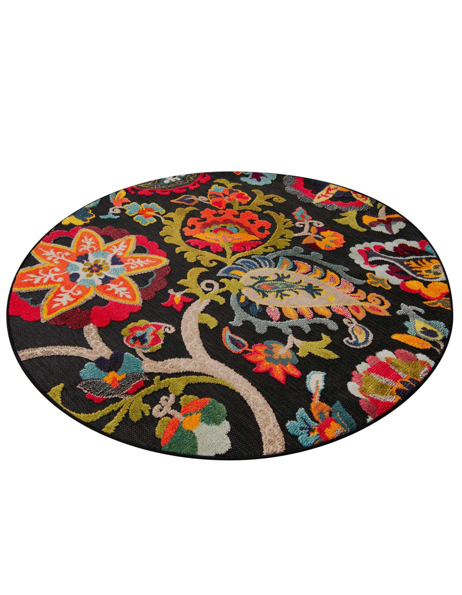 Multicolor Black 6' x 6' Washable Casablanca Indoor / Outdoor Round Rug ...